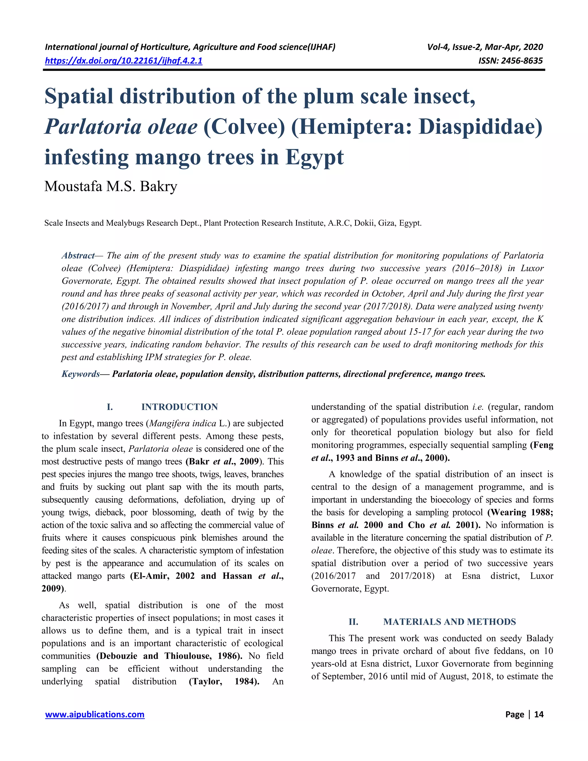 Spatial distribution of the plum scale insect, Parlatoria oleae (Colvee ...