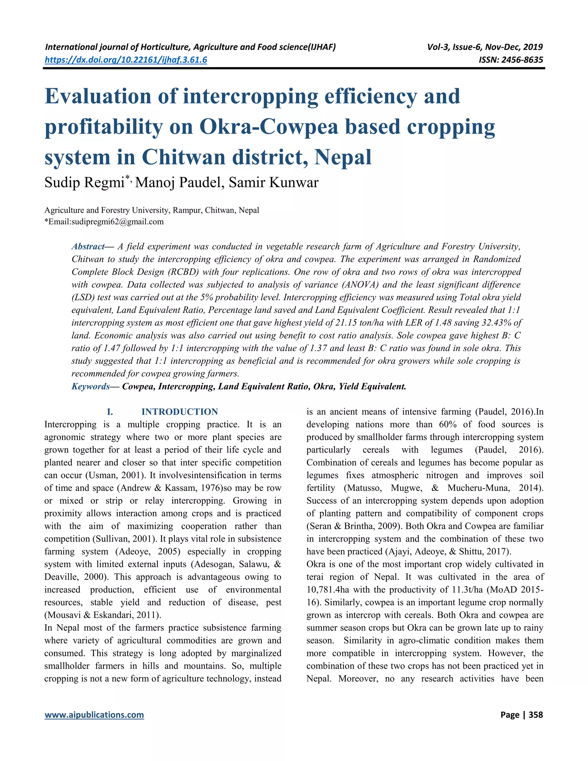 Evaluation of intercropping efficiency and profitability on Okra-Cowpea ...