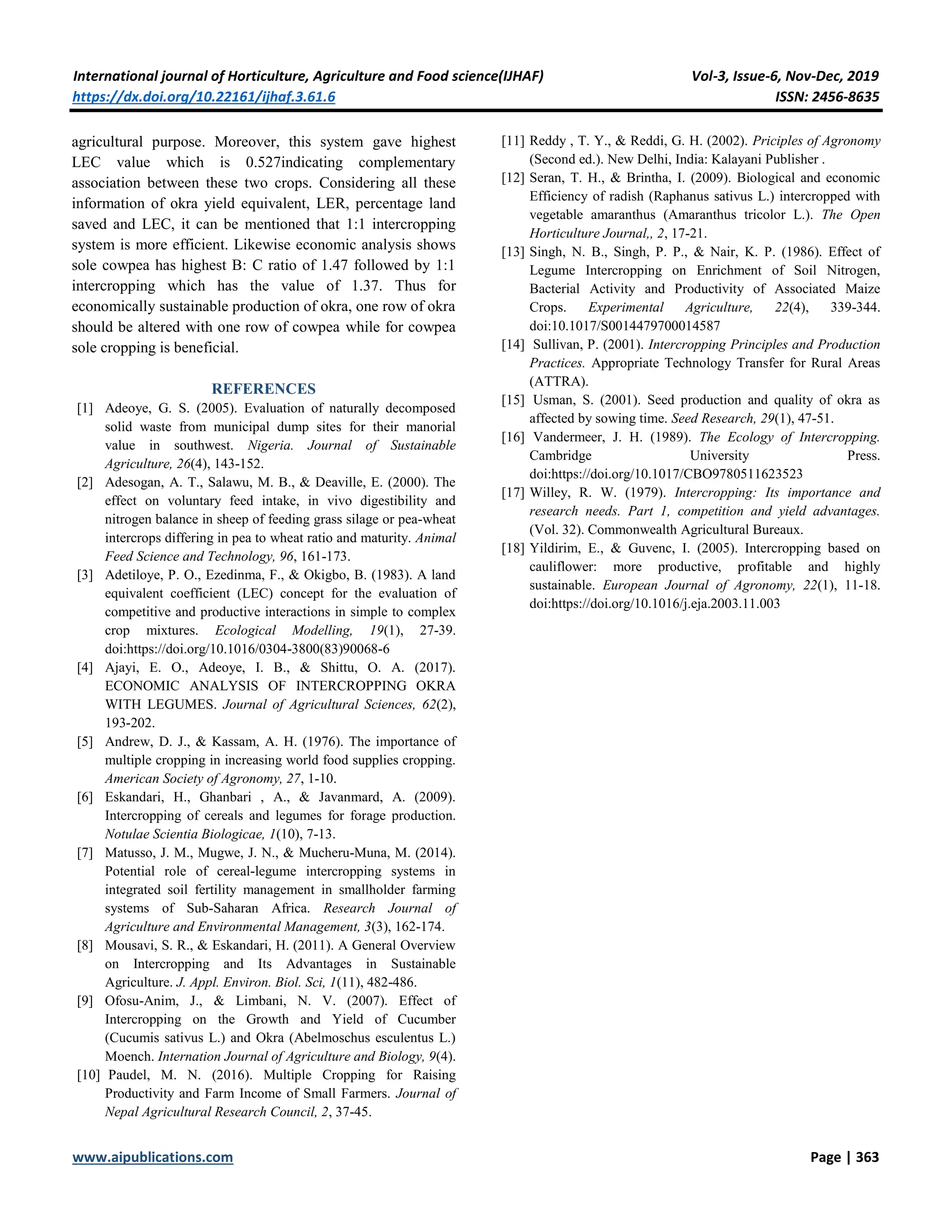 Evaluation of intercropping efficiency and profitability on Okra-Cowpea ...