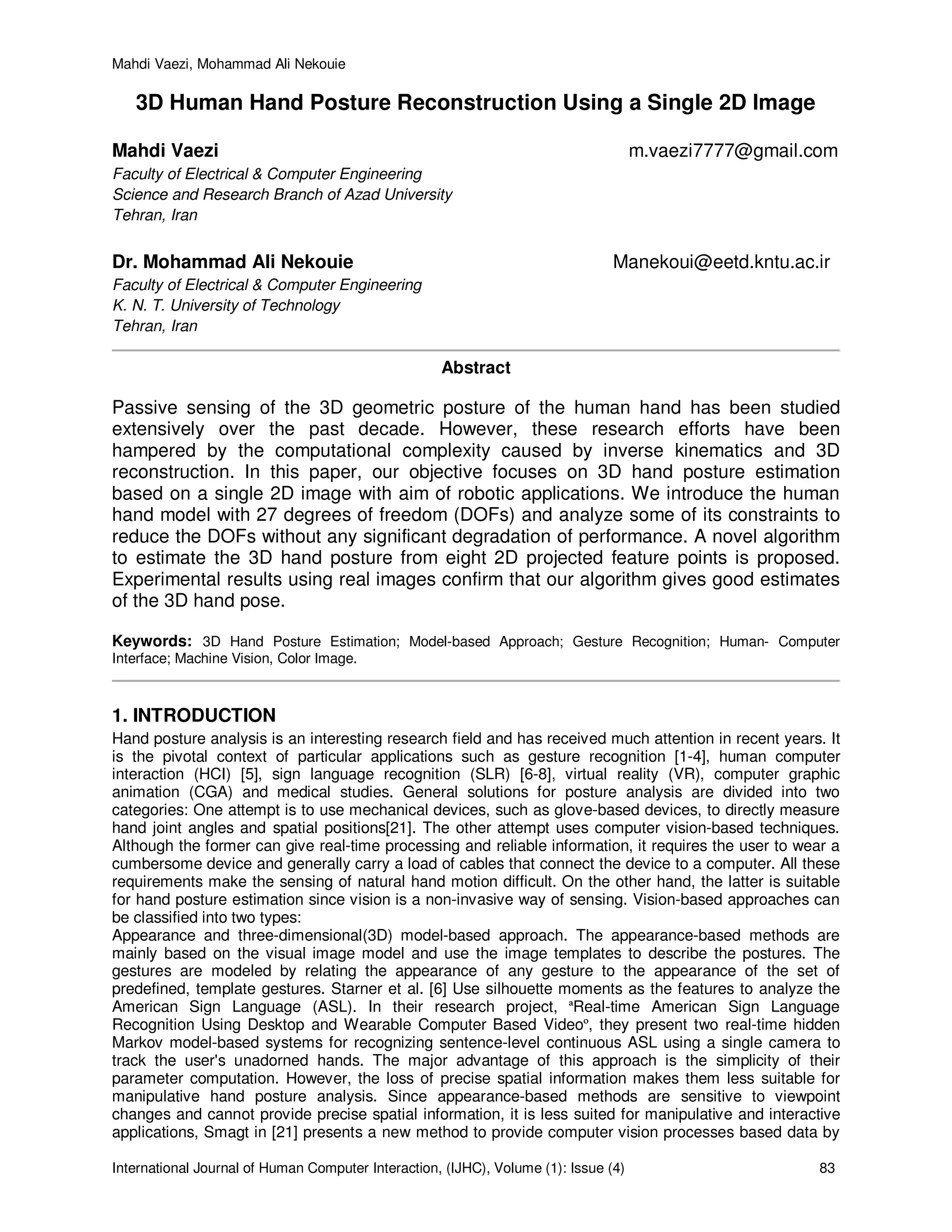 3D Human Hand Posture Reconstruction Using a Single 2D Image | PDF ...