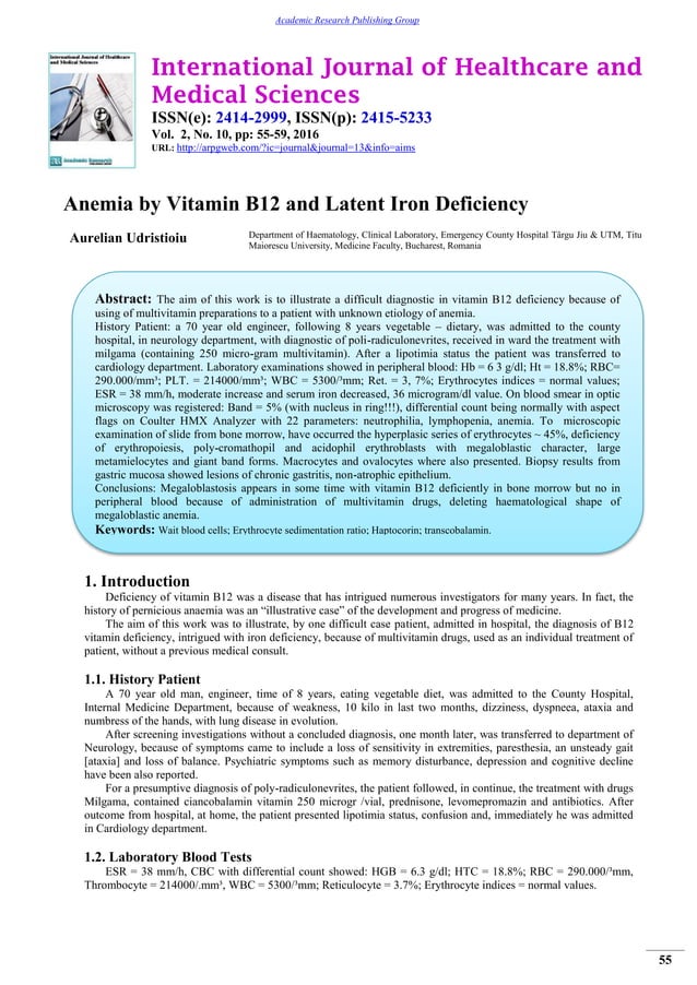 Anemia by Vitamin B12 and Latent Iron Deficiency | PDF