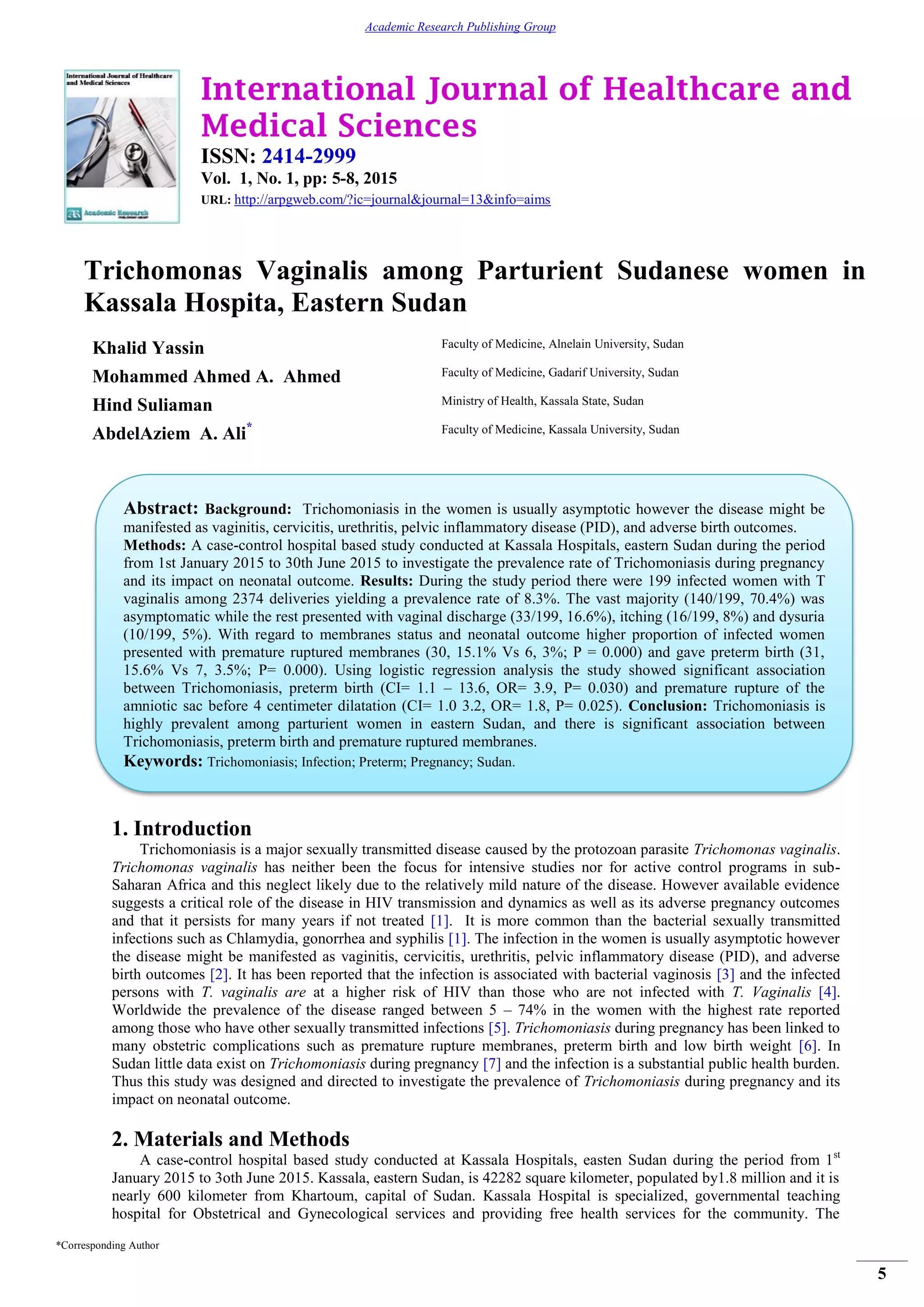 Trichomonas Vaginalis among Parturient Sudanese women in Kassala ...