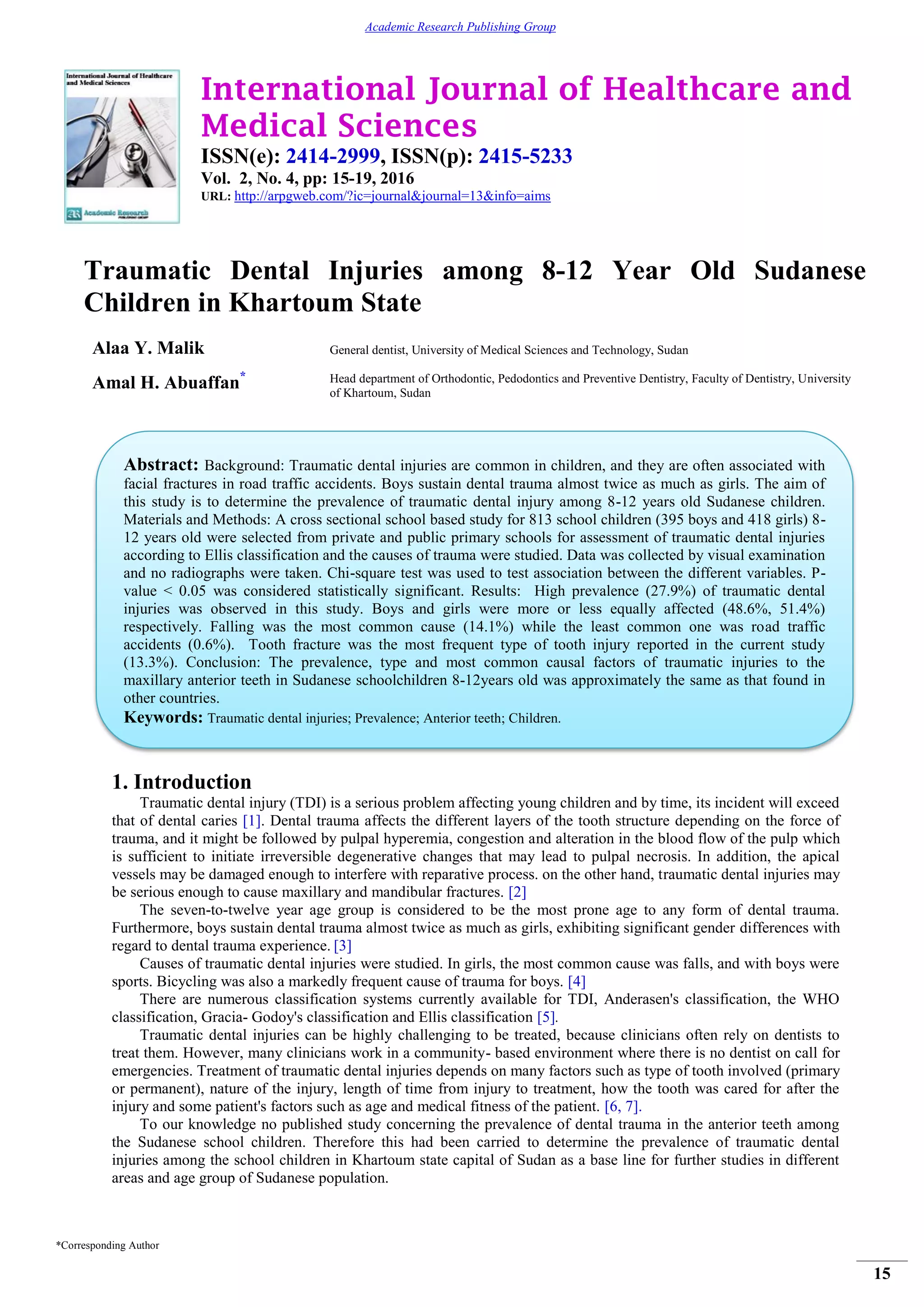 Traumatic Dental Injuries among 8-12 Year Old Sudanese Children in ...