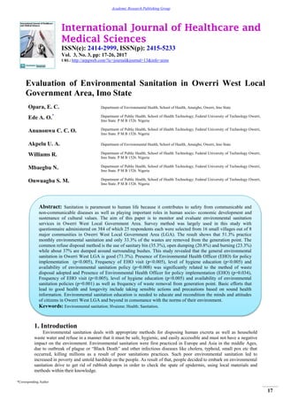 Evaluation of Environmental Sanitation in Owerri West Local Government ...