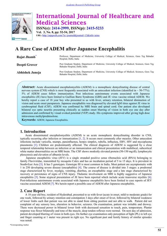 A Rare Case of ADEM after Japanese Encephalitis | PDF