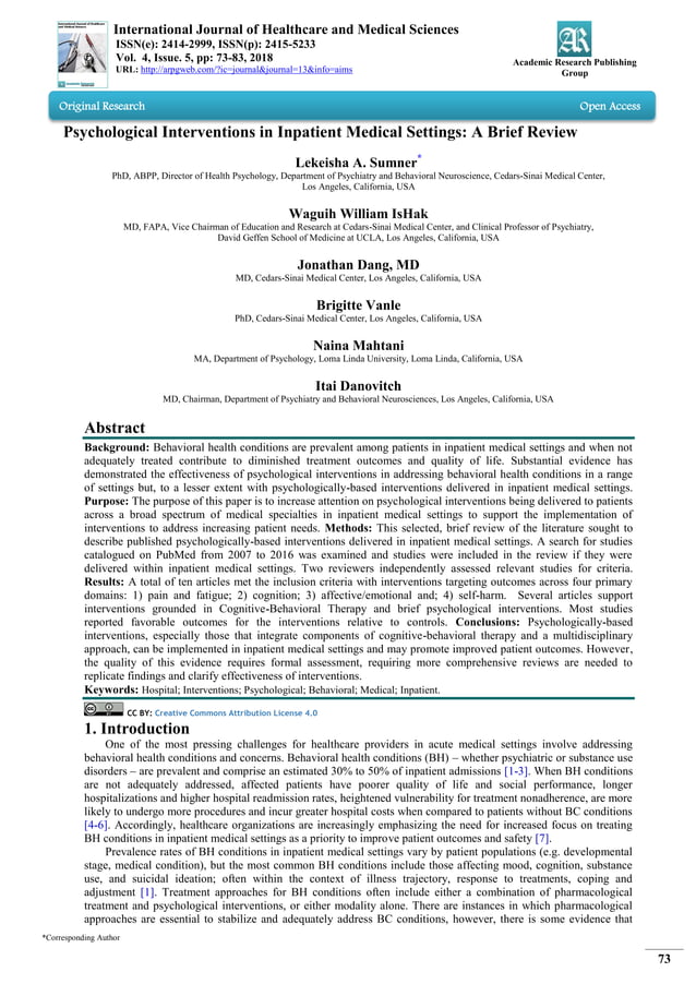Psychological Interventions in Inpatient Medical Settings: A Brief ...