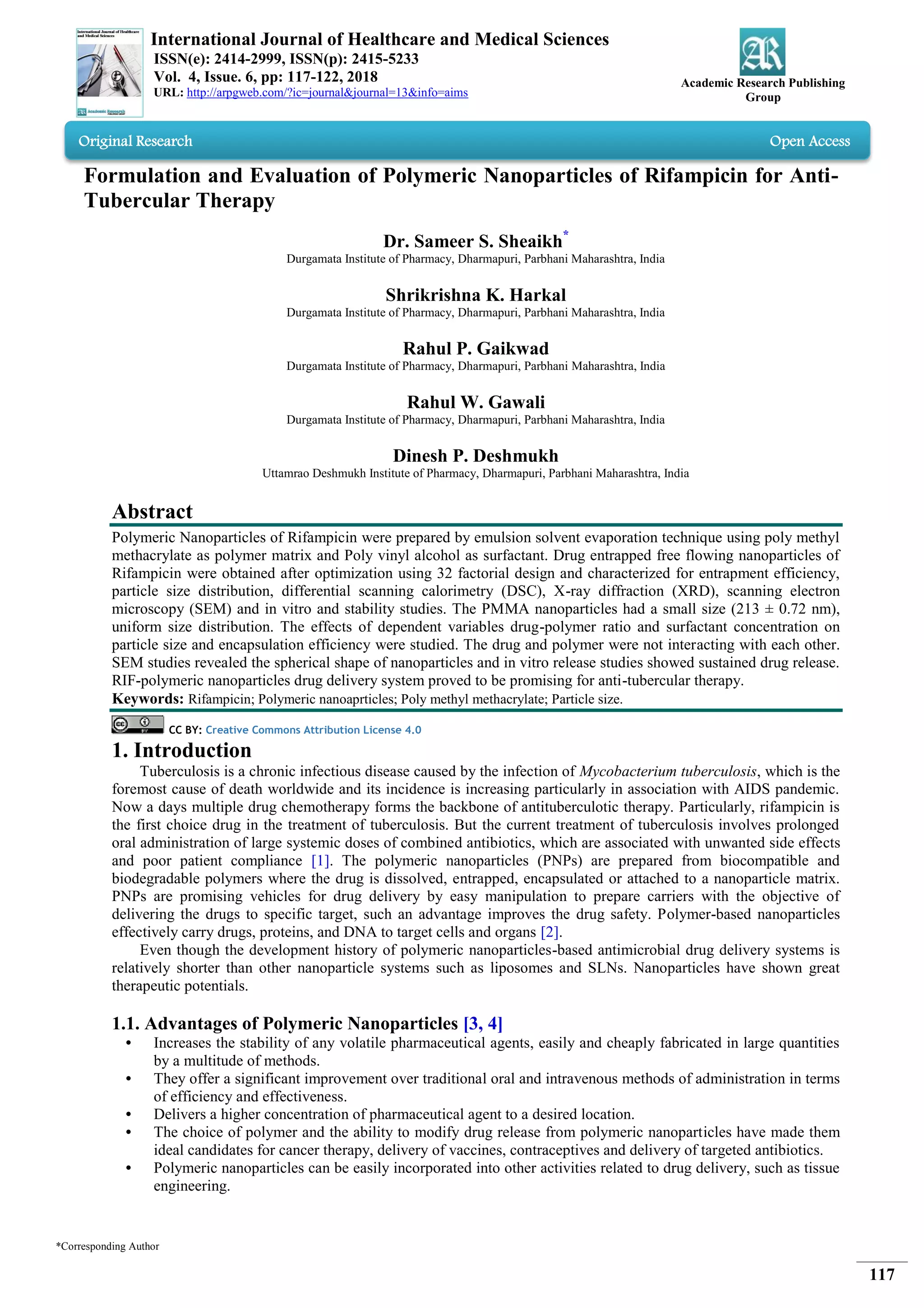 Formulation and Evaluation of Polymeric Nanoparticles of Rifampicin for ...