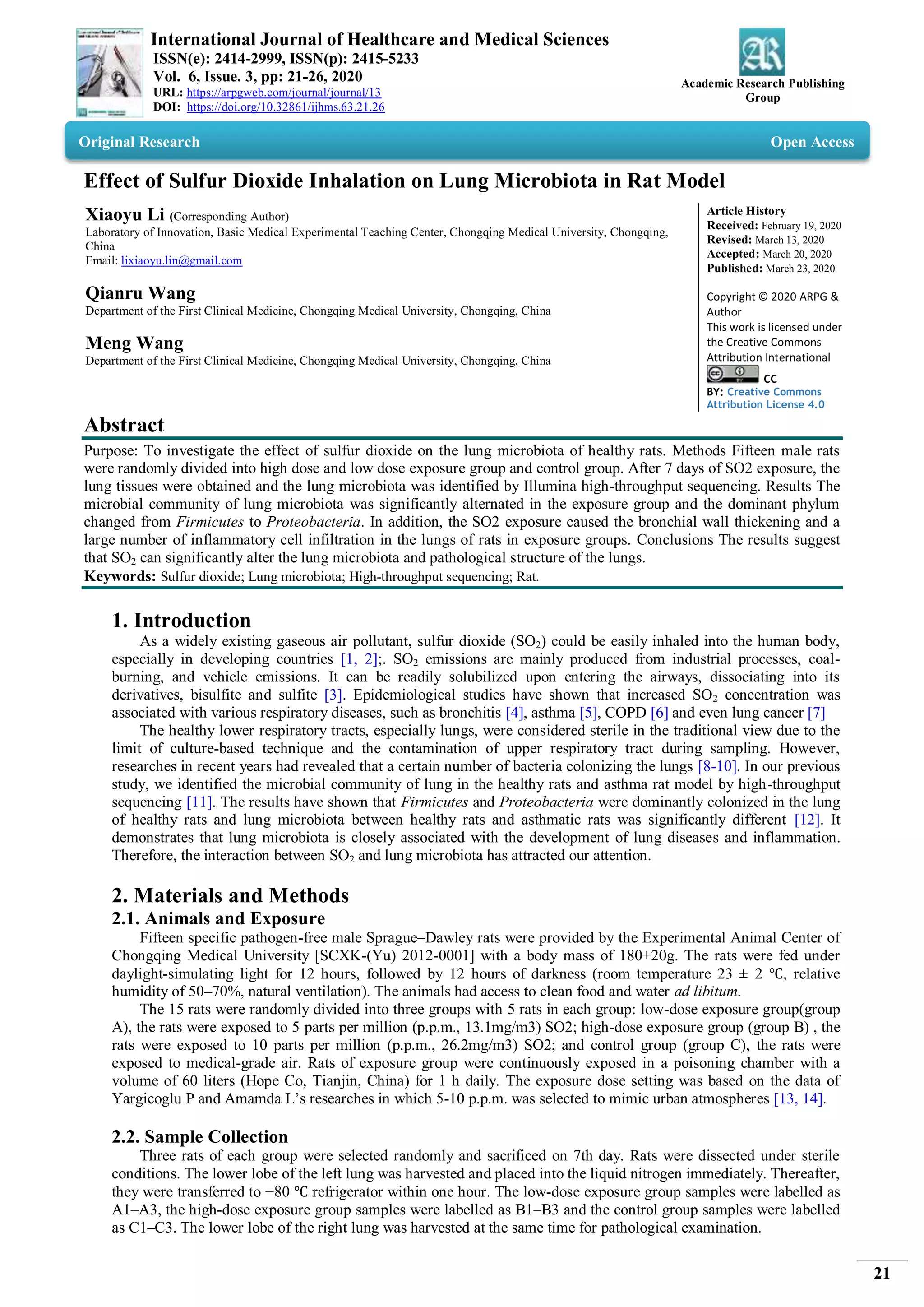 Effect of Sulfur Dioxide Inhalation on Lung Microbiota in Rat Model | PDF
