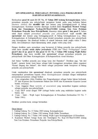 Ijin operasional perusahaan penyedia jasa pekerja | DOCX