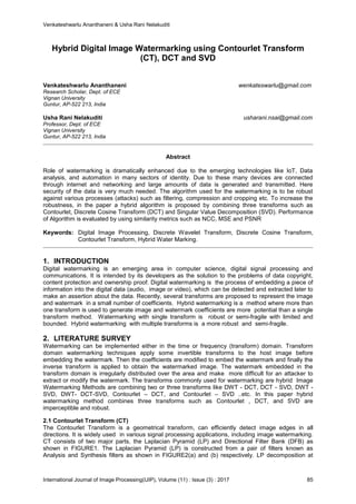 Hybrid Digital Image Watermarking using Contourlet Transform (CT), DCT and SVD | PDF