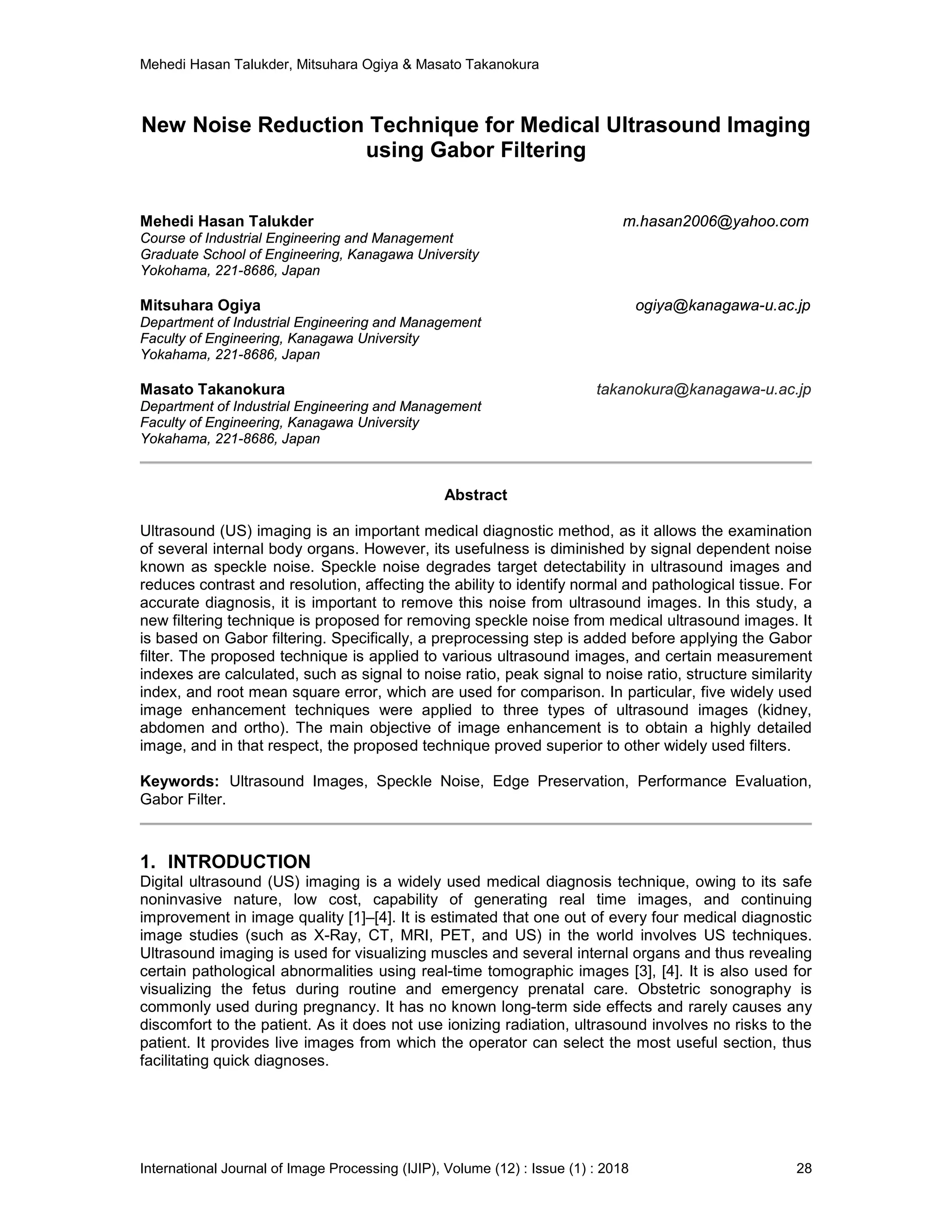 New Noise Reduction Technique for Medical Ultrasound Imaging using Gabor Filtering | PDF