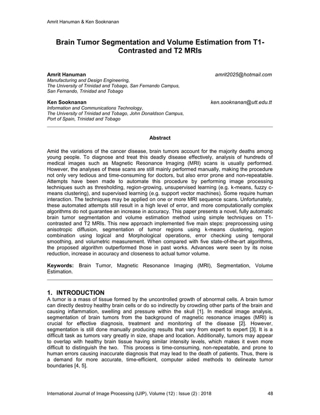 Brain Tumor Segmentation And Volume Estimation From T1 Contrasted And T2 Mris Pdf Photo