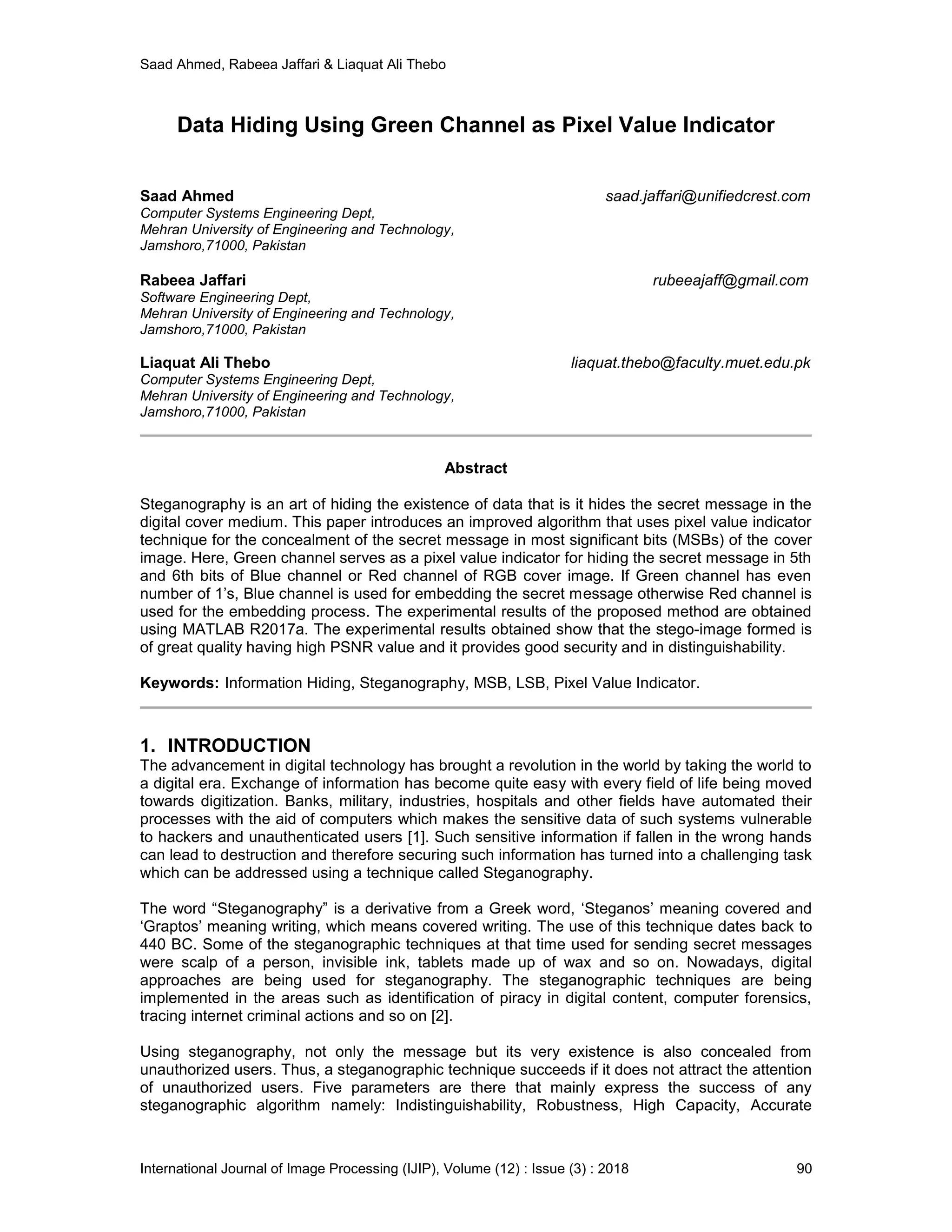 Data Hiding Using Green Channel as Pixel Value Indicator | PDF