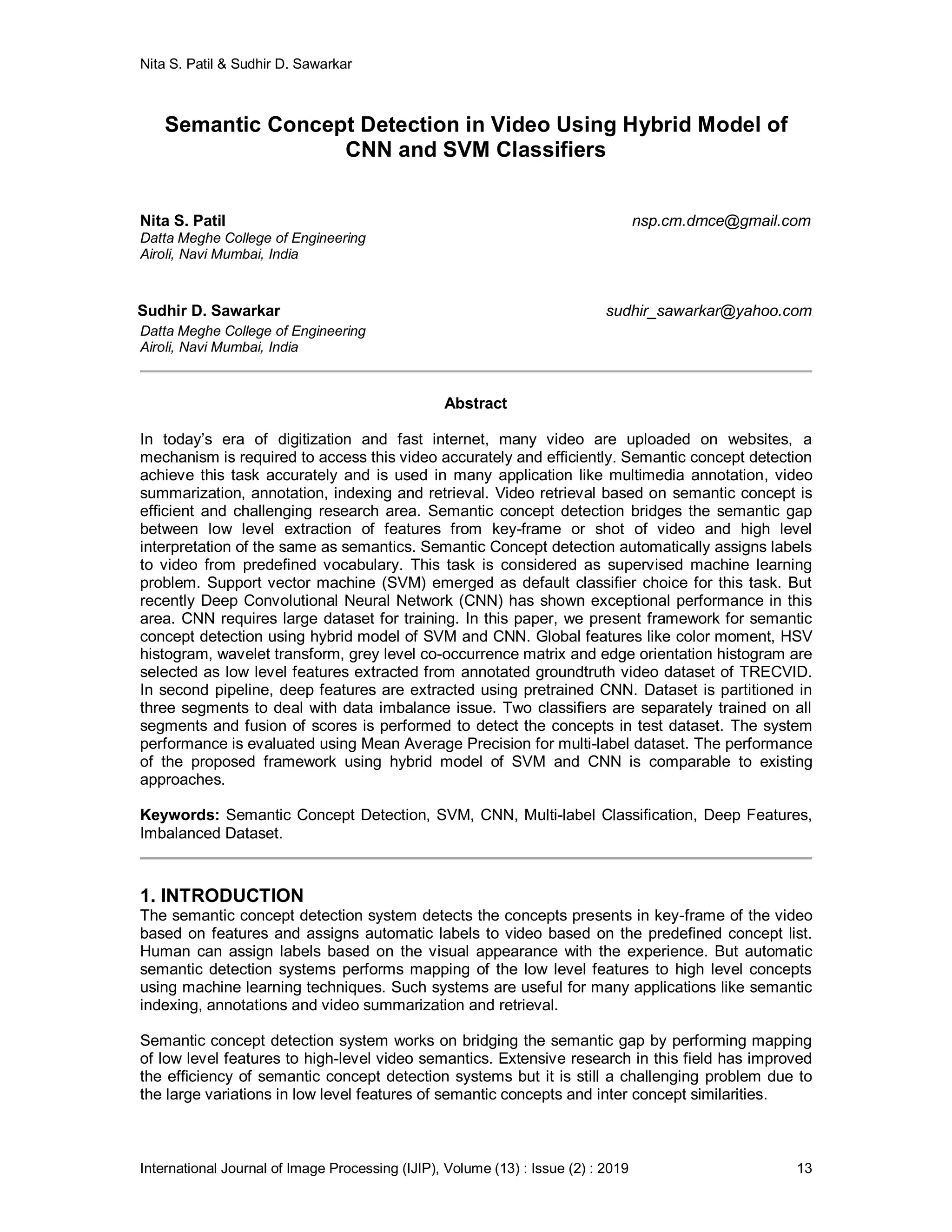 Semantic Concept Detection In Video Using Hybrid Model Of Cnn And Svm Classifiers Pdf