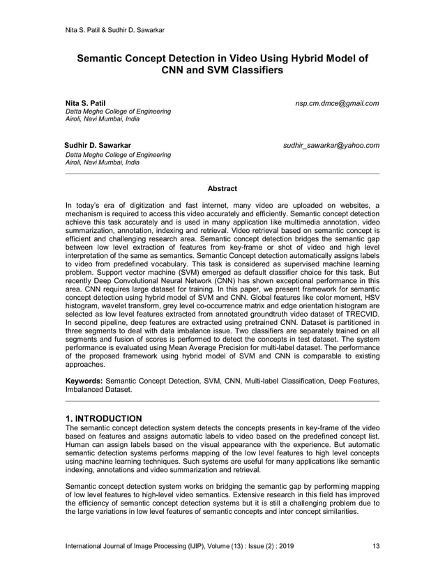 Semantic Concept Detection in Video Using Hybrid Model of CNN and SVM Classifiers | PDF