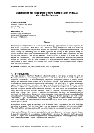 MSB based Face Recognition Using Compression and Dual Matching Techniques | PDF
