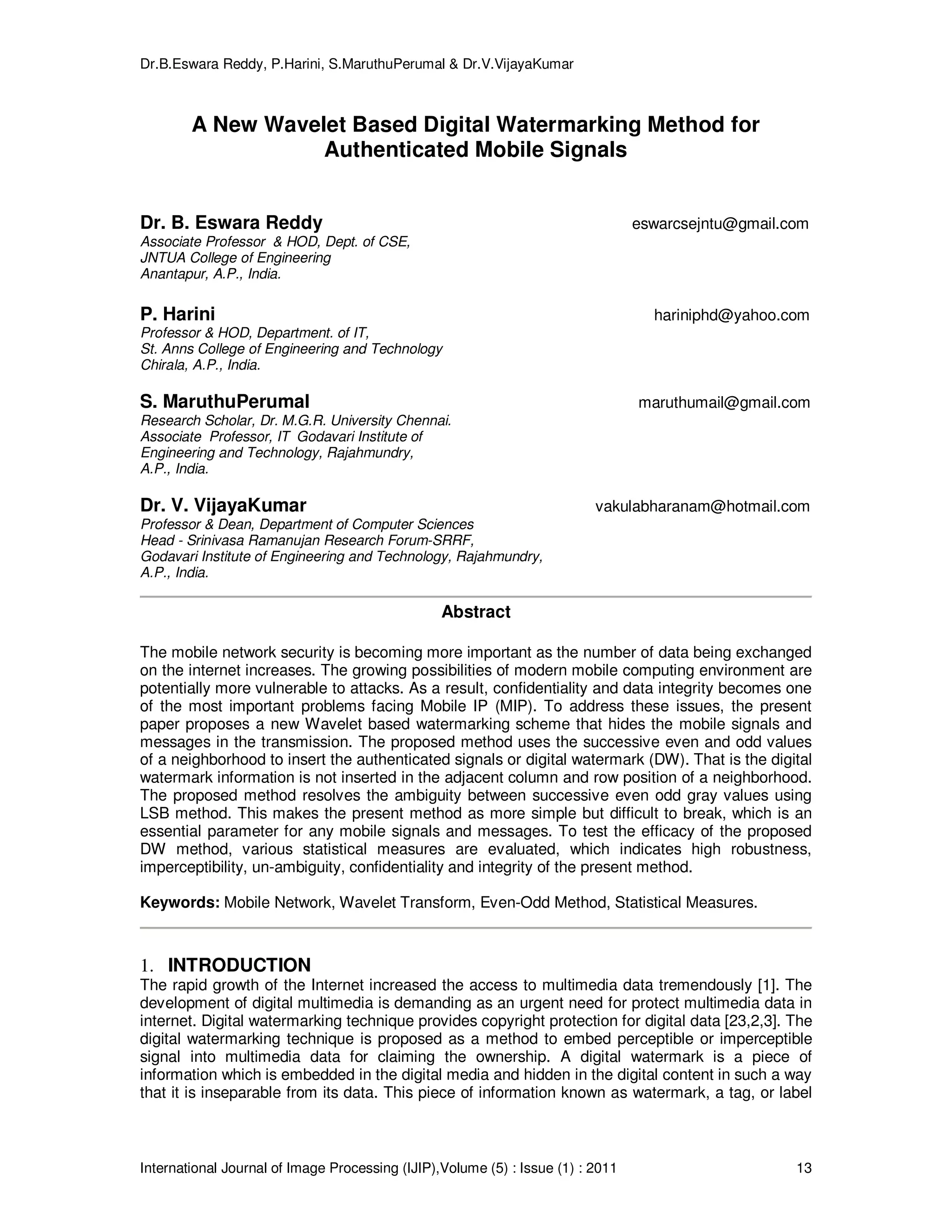 A New Wavelet based Digital Watermarking Method for Authenticated Mobile Signals | PDF