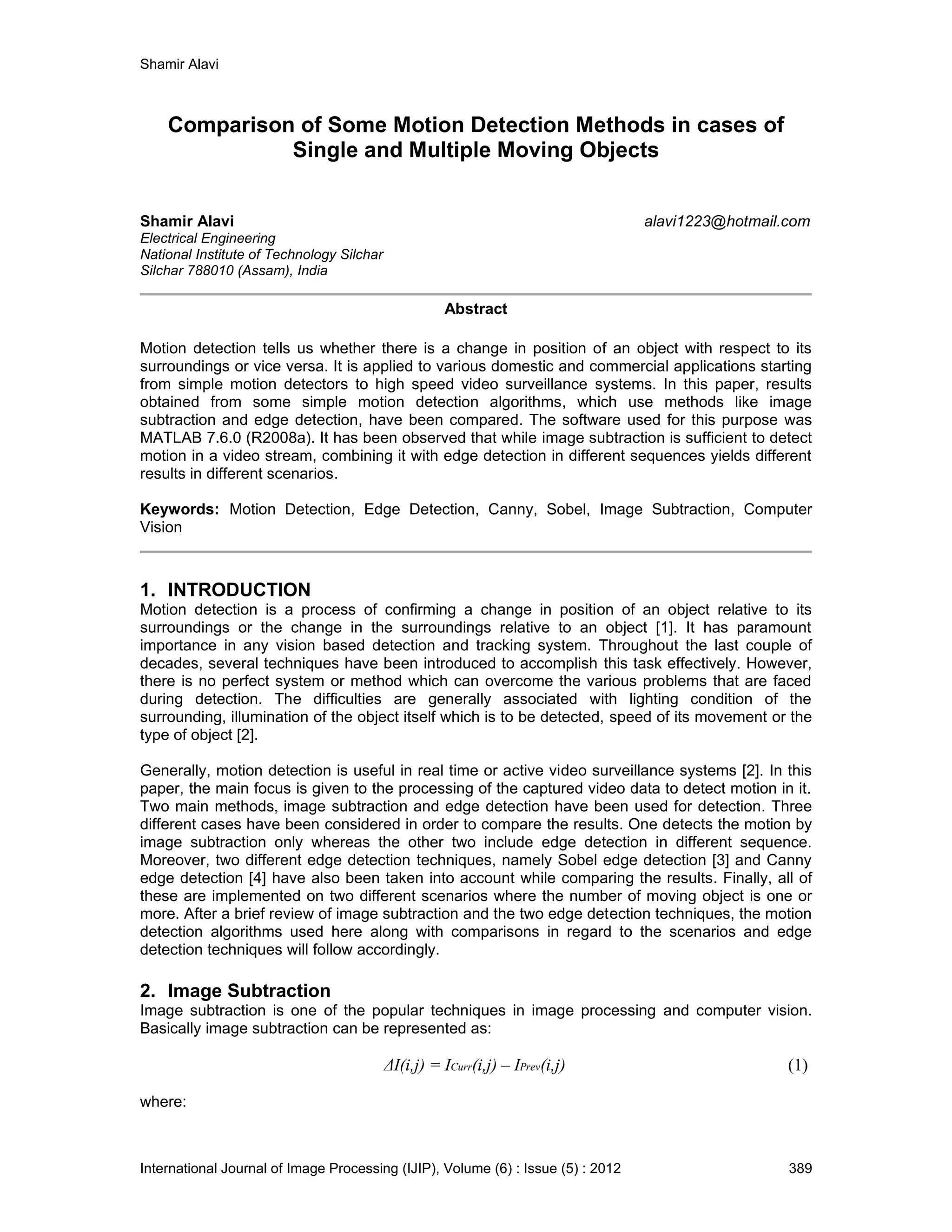 Comparison Of Some Motion Detection Methods In Cases Of Single And