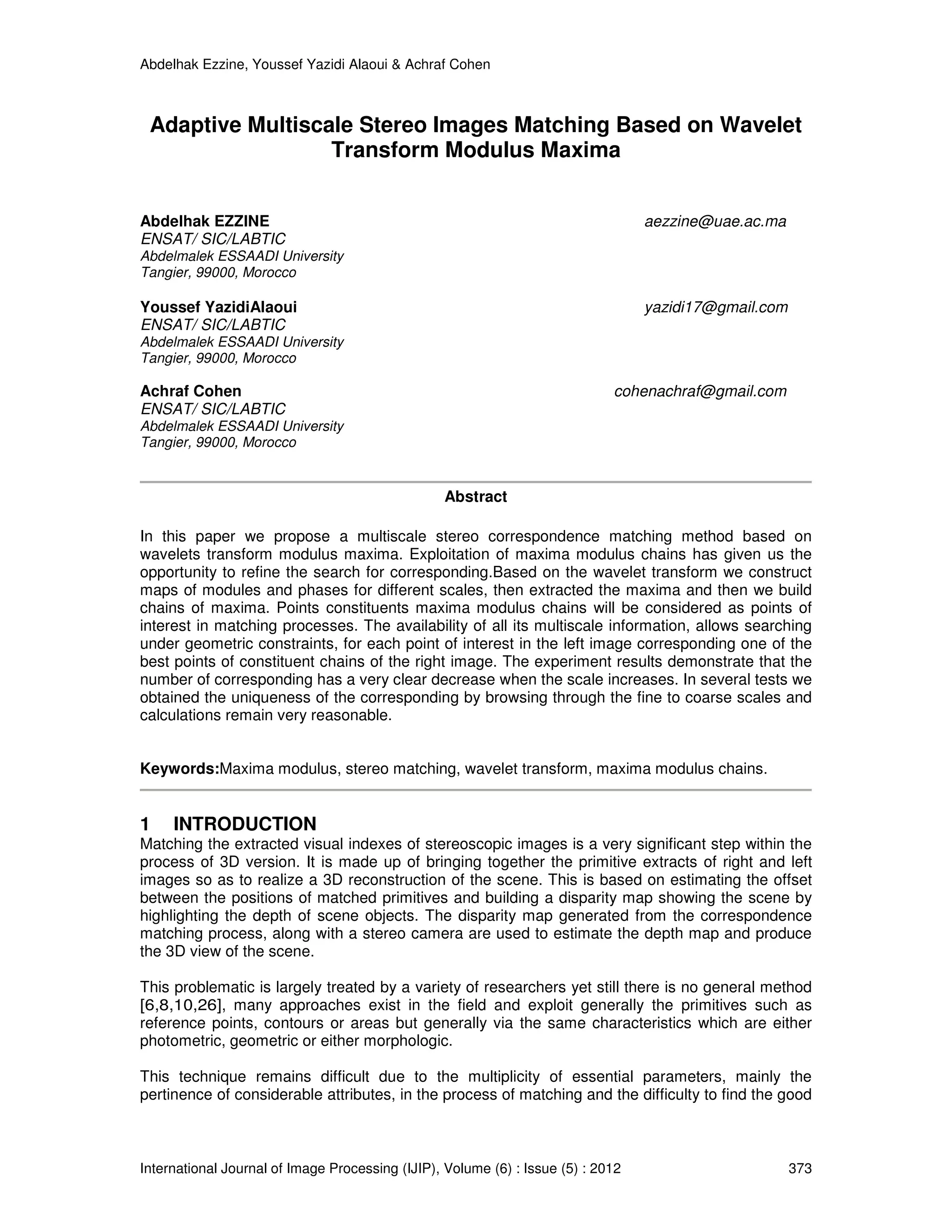 Adaptive Multiscale Stereo Images Matching Based on Wavelet Transform Modulus Maxima | PDF