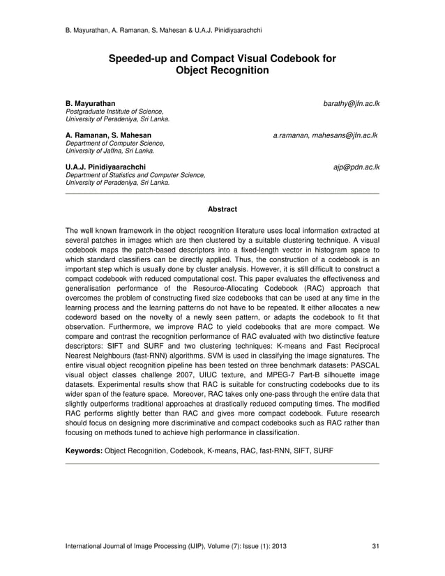 Speeded-up and Compact Visual Codebook for Object Recognition | PDF