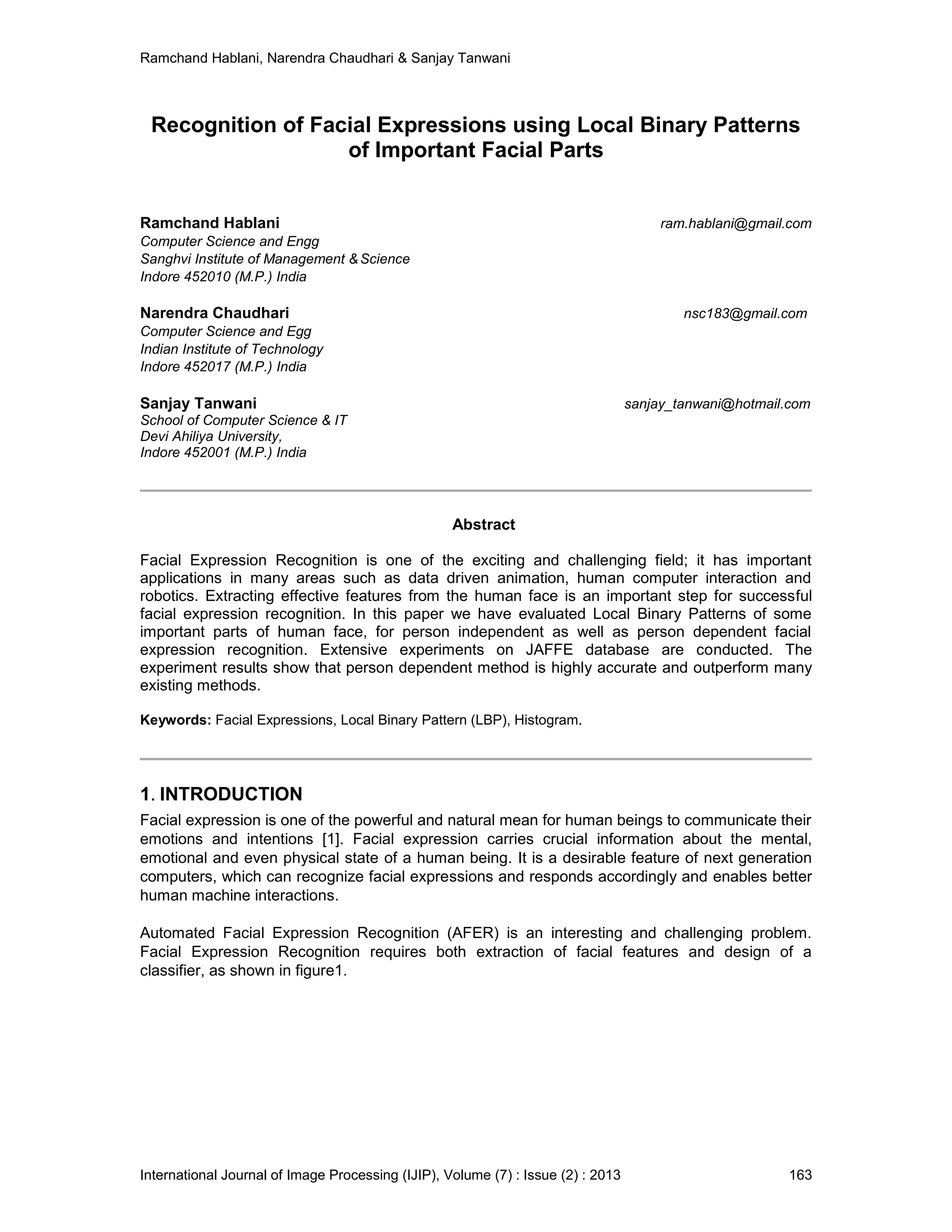 Recognition of Facial Expressions using Local Binary Patterns of Important Facial Parts | PDF