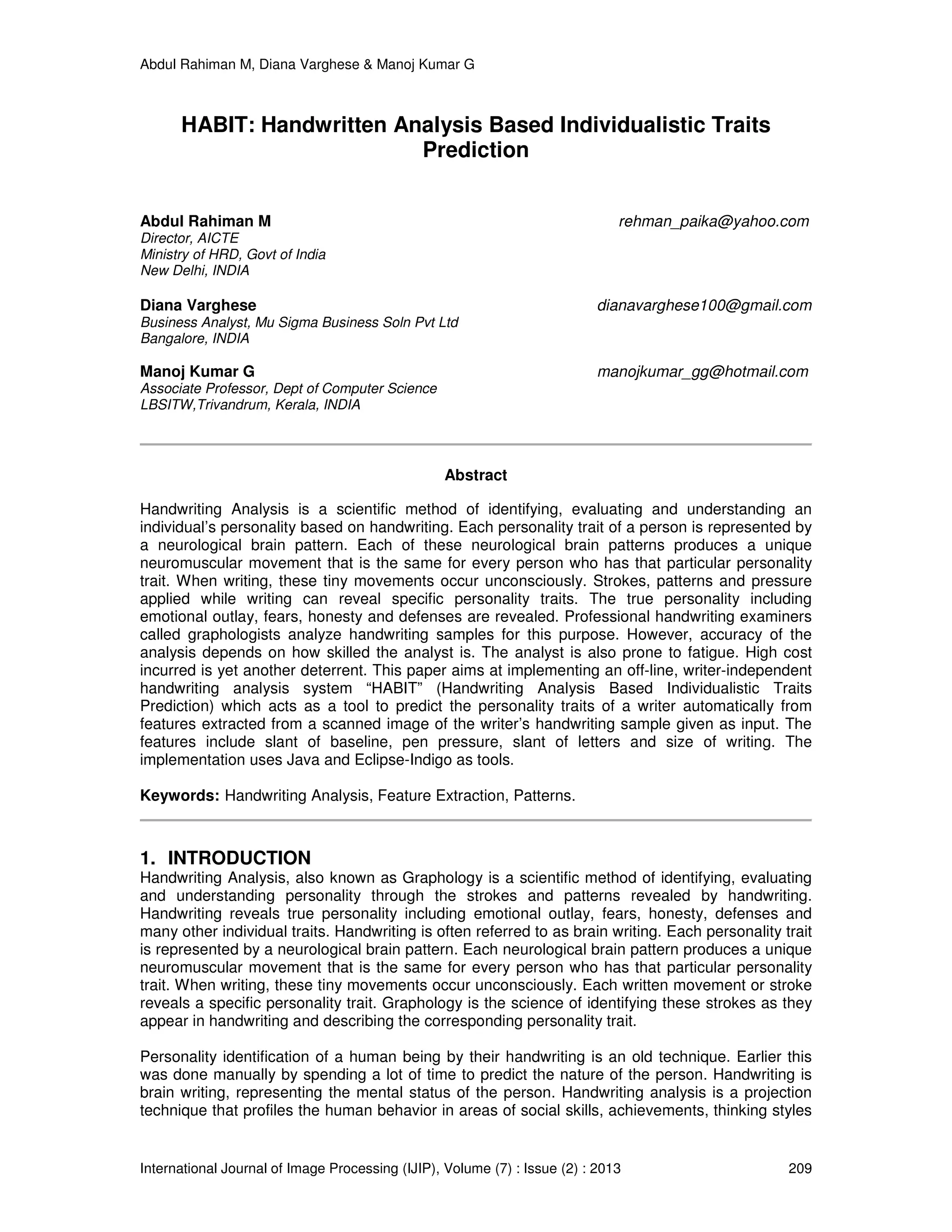 HABIT: Handwritten Analysis based Individualistic Traits Prediction ...