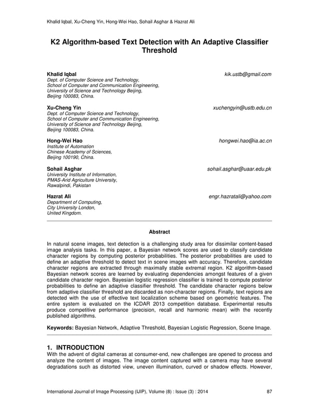 K2 Algorithm Based Text Detection With An Adaptive Classifier Threshold Pdf