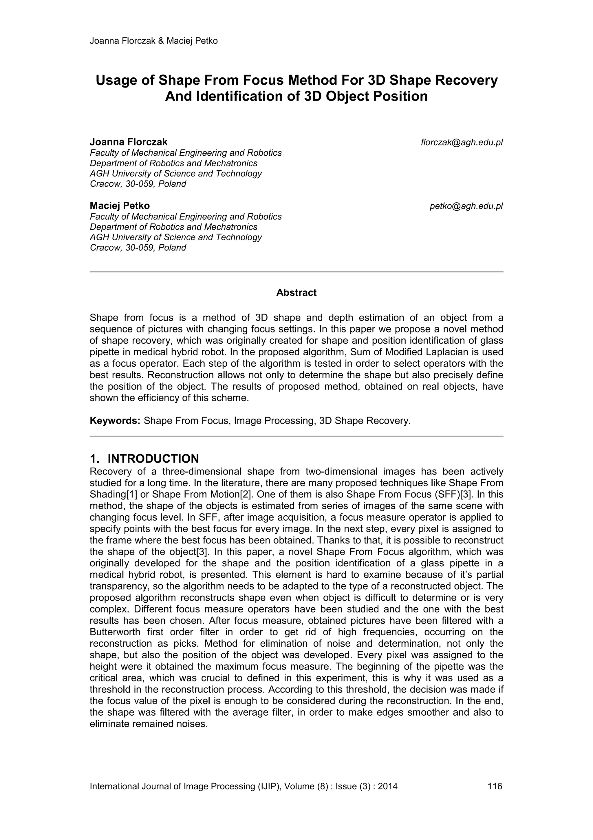Usage of Shape From Focus Method For 3D Shape Recovery And ...