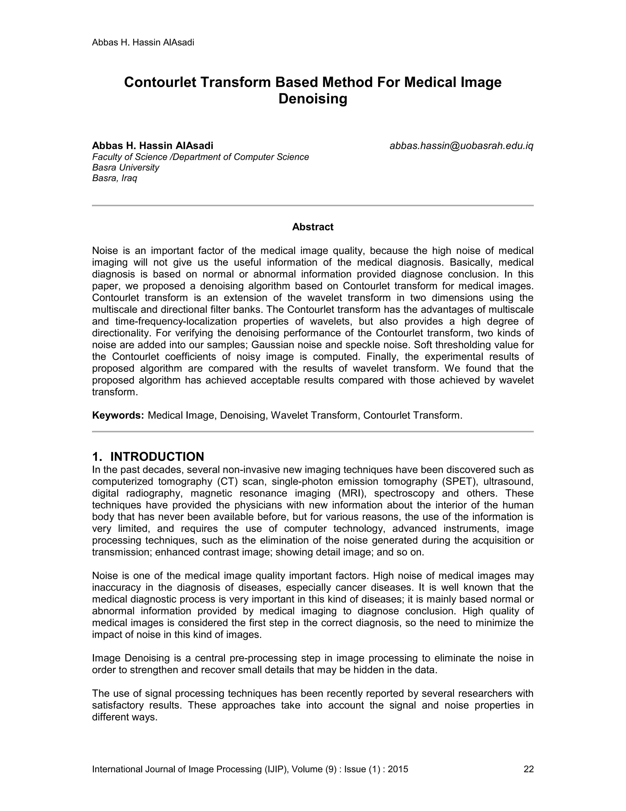 Contourlet Transform Based Method For Medical Image Denoising | PDF