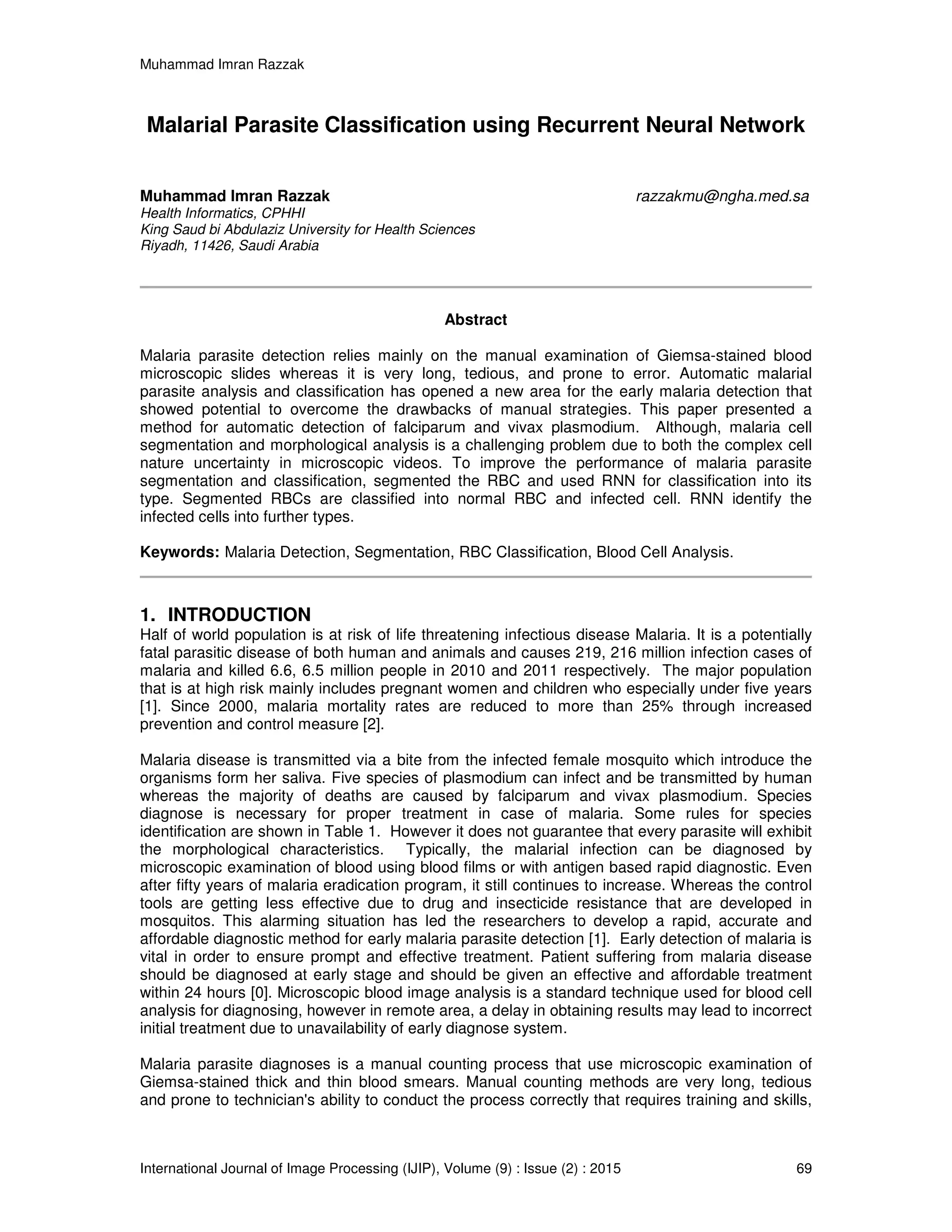 Malarial Parasite Classification using Recurrent Neural Network | PDF