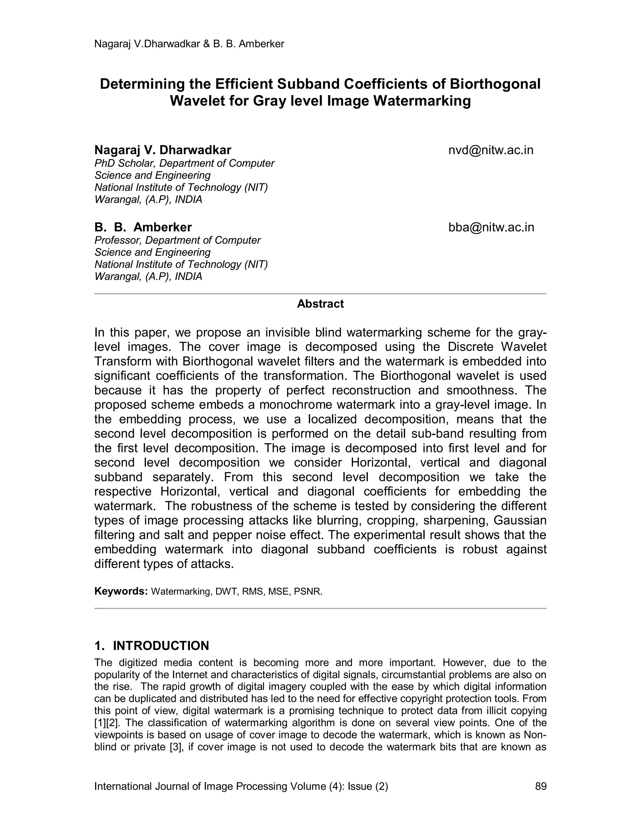 Determining the Efficient Subband Coefficients of Biorthogonal Wavelet for Gray level Image ...