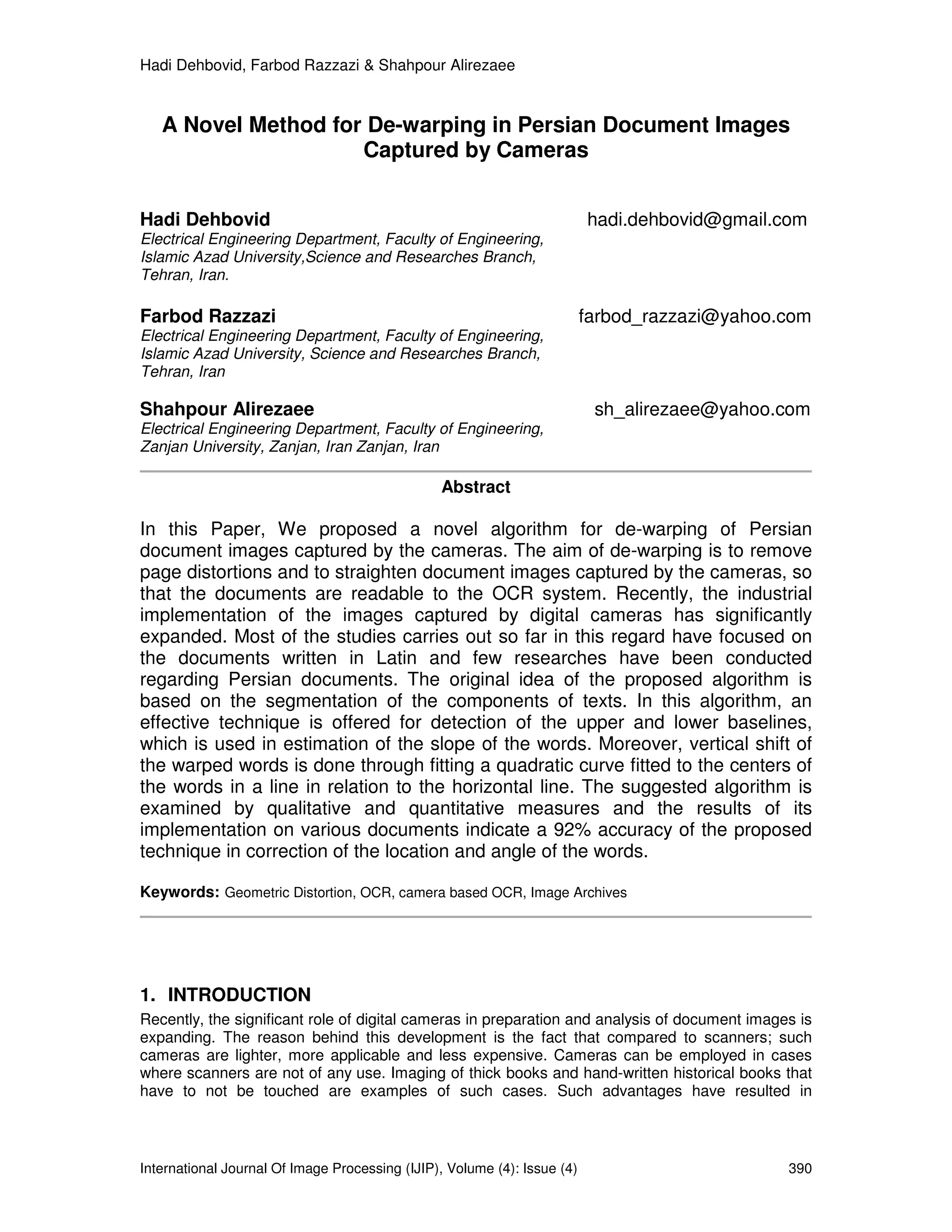 A Novel Method for De-warping in Persian document images captured by cameras | PDF