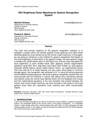 HSV Brightness Factor Matching for Gesture Recognition System | PDF
