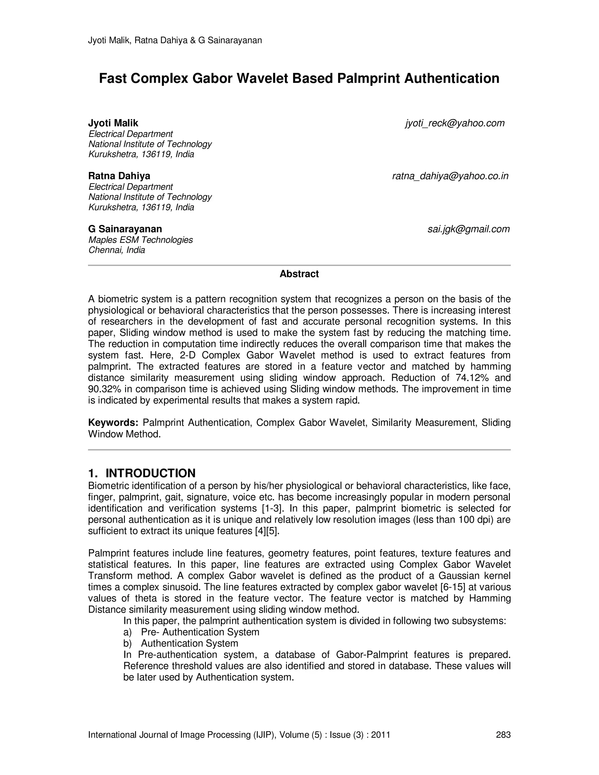 Fast Complex Gabor Wavelet Based Palmprint Authentication | PDF