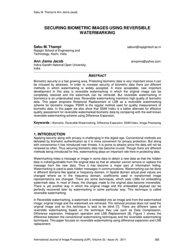 Securing Biometric Images using Reversible Watermarking | PDF
