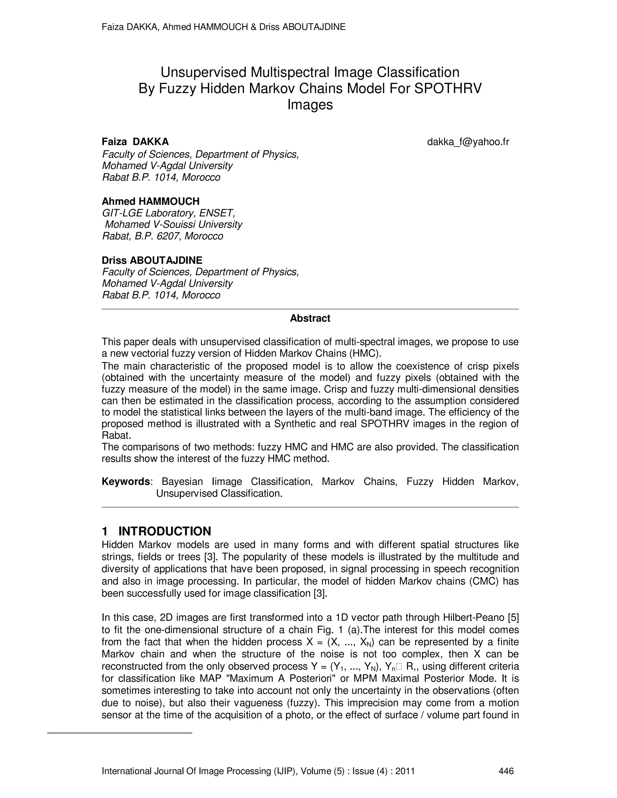 Unsupervised multispectral image Classification By fuzzy hidden Markov chains model For SPOTHRV ...