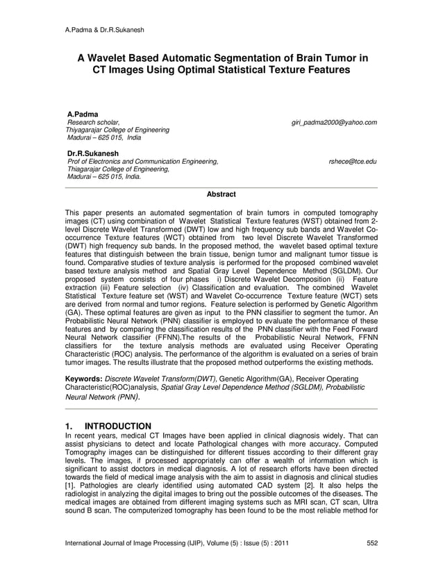 A Wavelet Based Automatic Segmentation of Brain Tumor in CT Images Using Optimal Statistical ...