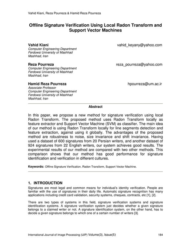 Offline Signature Verification Using Local Radon Transform and Support Vector Machines | PDF
