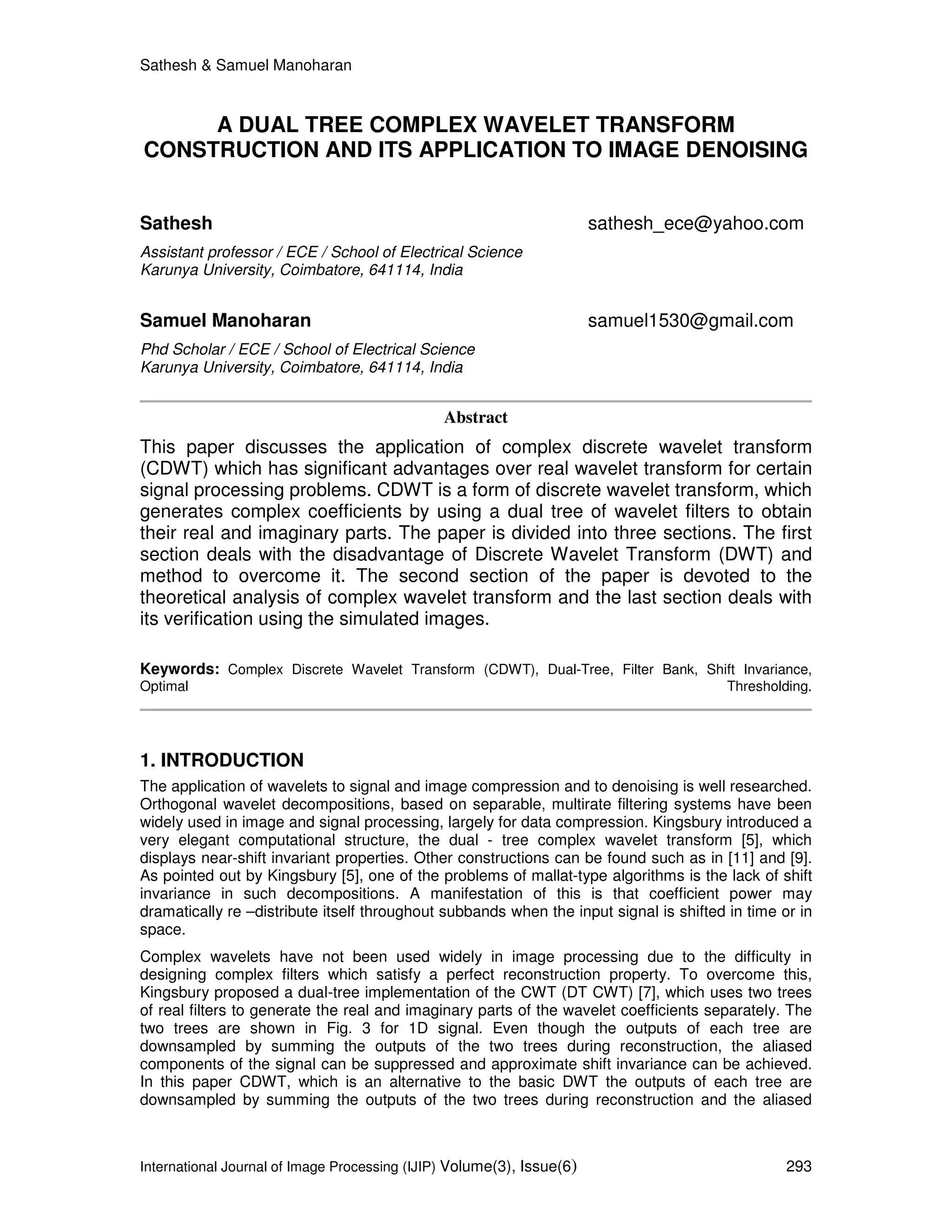 A Dual Tree Complex Wavelet Transform Construction and Its Application to Imagesing | PDF