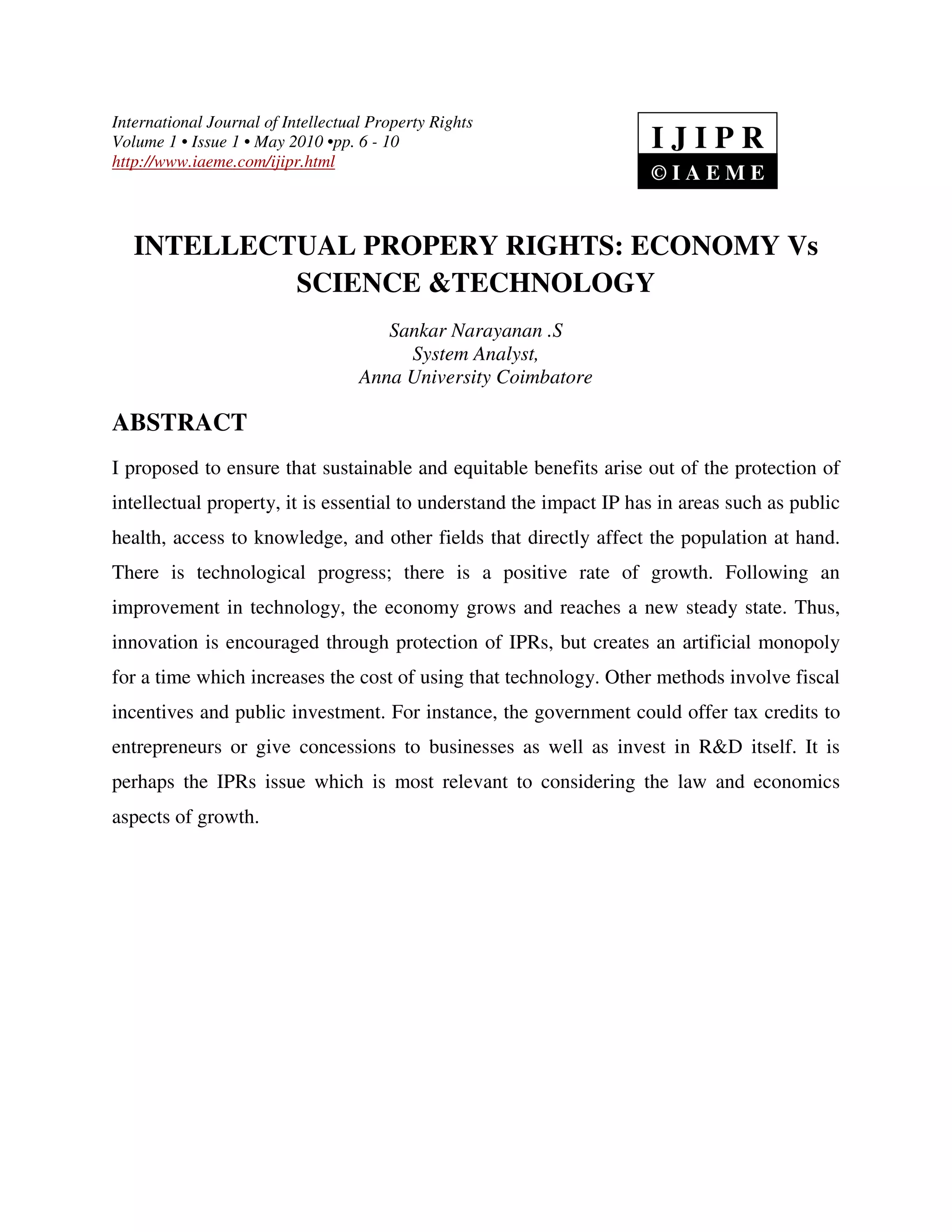 Ijipr intellectual propery rights economy vs science and technology | PDF