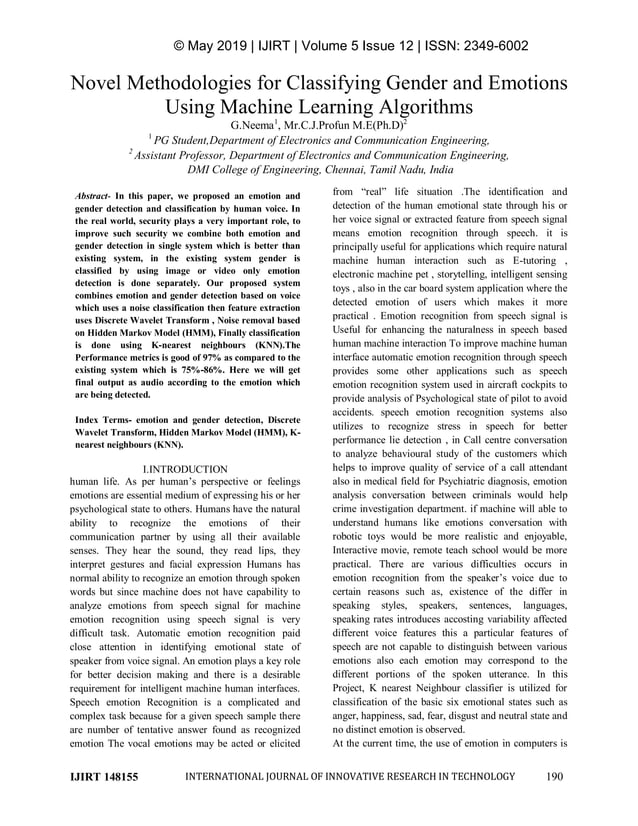 Novel Methodologies for Classifying Gender and Emotions Using Machine Learning Algorithms | PDF