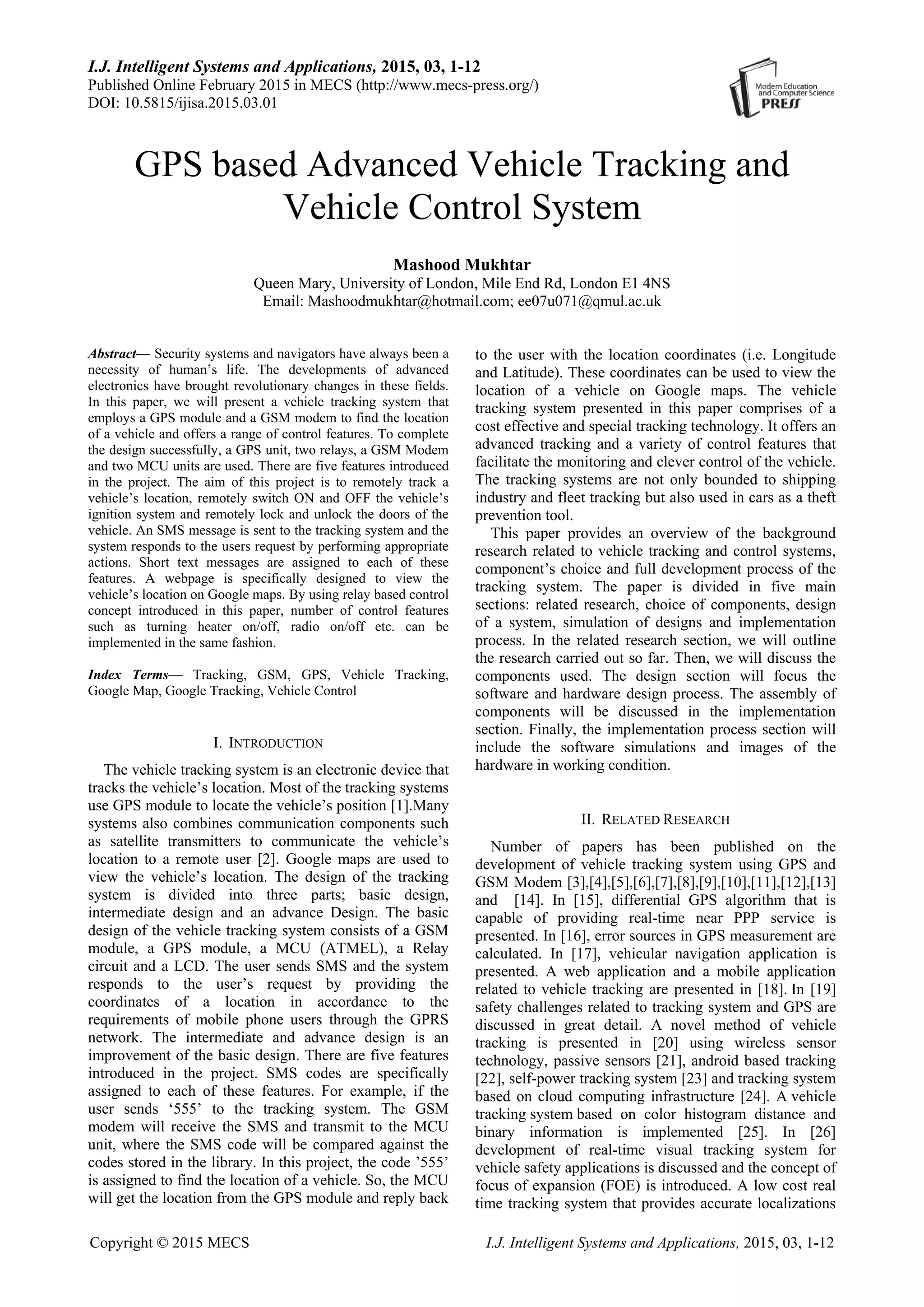 GPS based Advanced Vehicle Tracking and Vehicle Control System | PDF