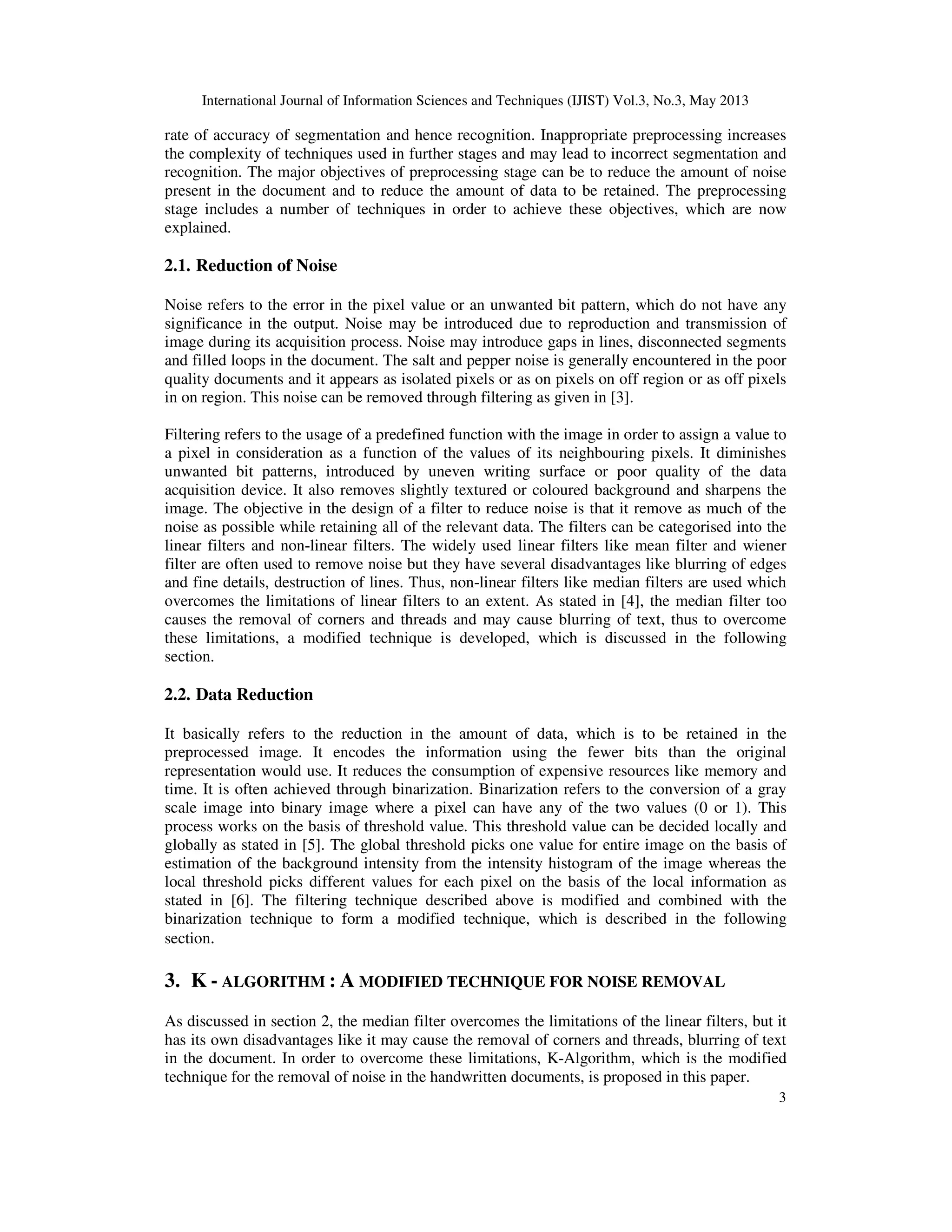 K-ALGORITHM: A MODIFIED TECHNIQUE FOR NOISE REMOVAL IN HANDWRITTEN DOCUMENTS | PDF
