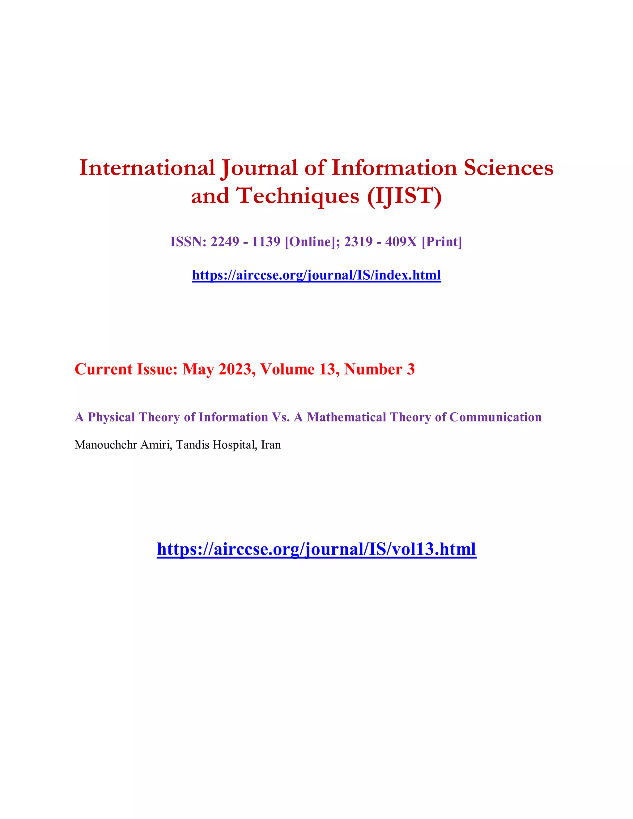 International Journal of Information Sciences and Techniques (IJIST) - Current Issue: May 2023 ...