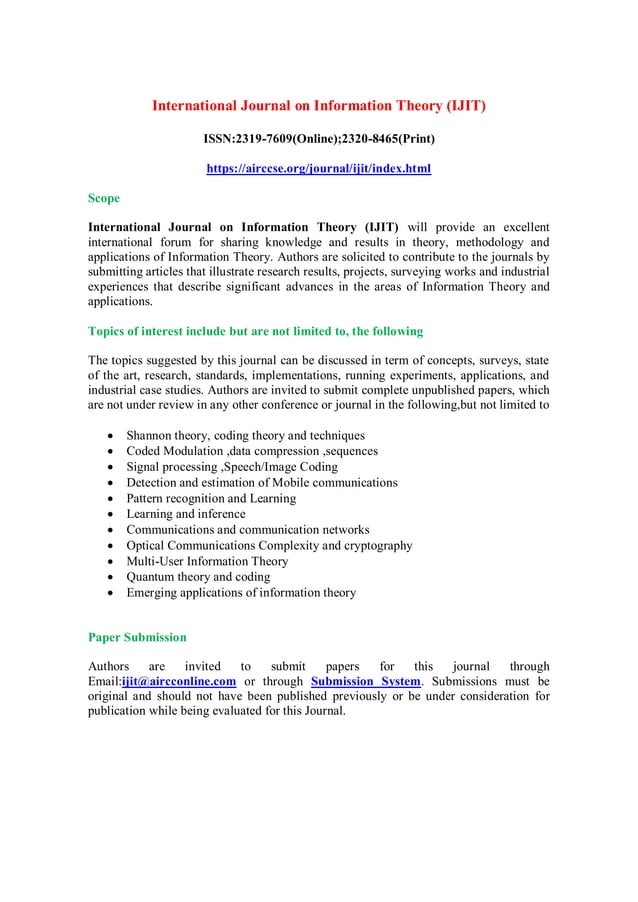International Journal on Information Theory (IJIT) | PDF