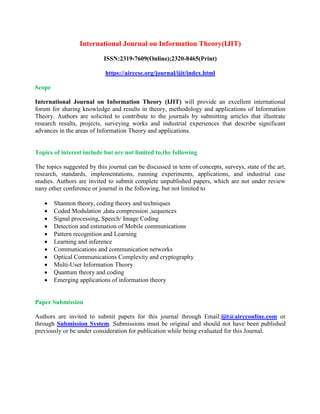International Journal on Information Theory (IJIT) | PDF