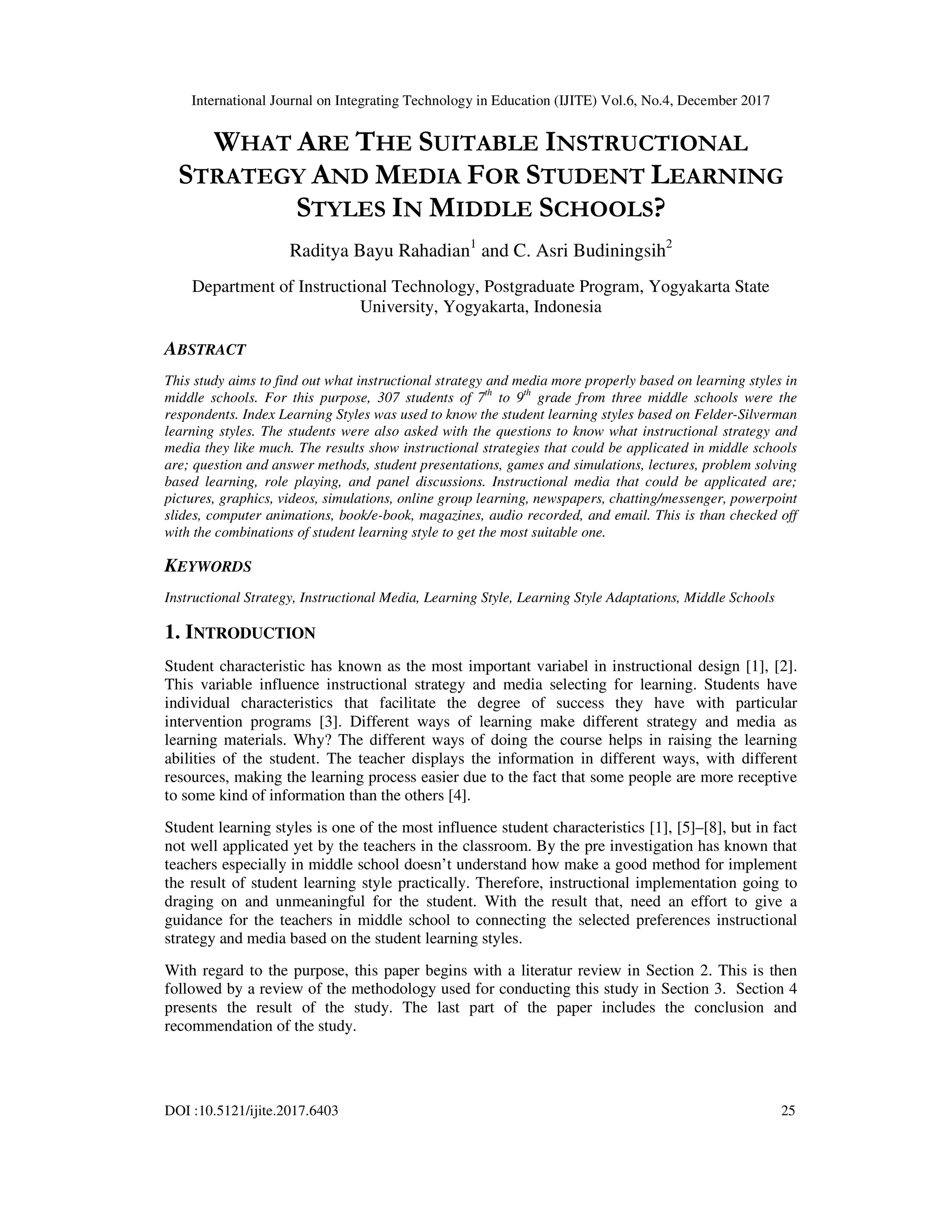 WHAT ARE THE SUITABLE INSTRUCTIONAL STRATEGY AND MEDIA FOR STUDENT LEARNING STYLES IN MIDDLE ...