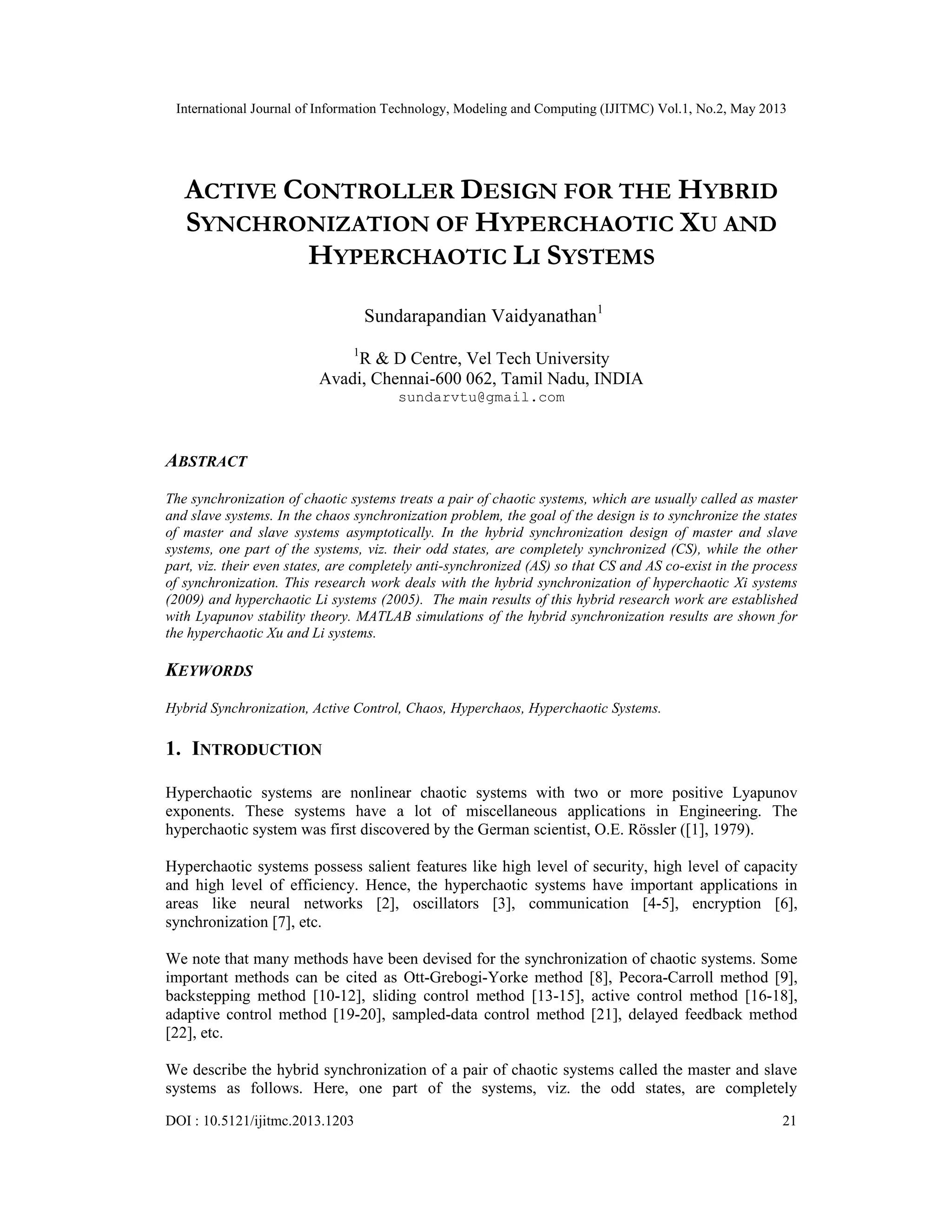 ACTIVE CONTROLLER DESIGN FOR THE HYBRID SYNCHRONIZATION OF HYPERCHAOTIC XU AND HYPERCHAOTIC LI ...