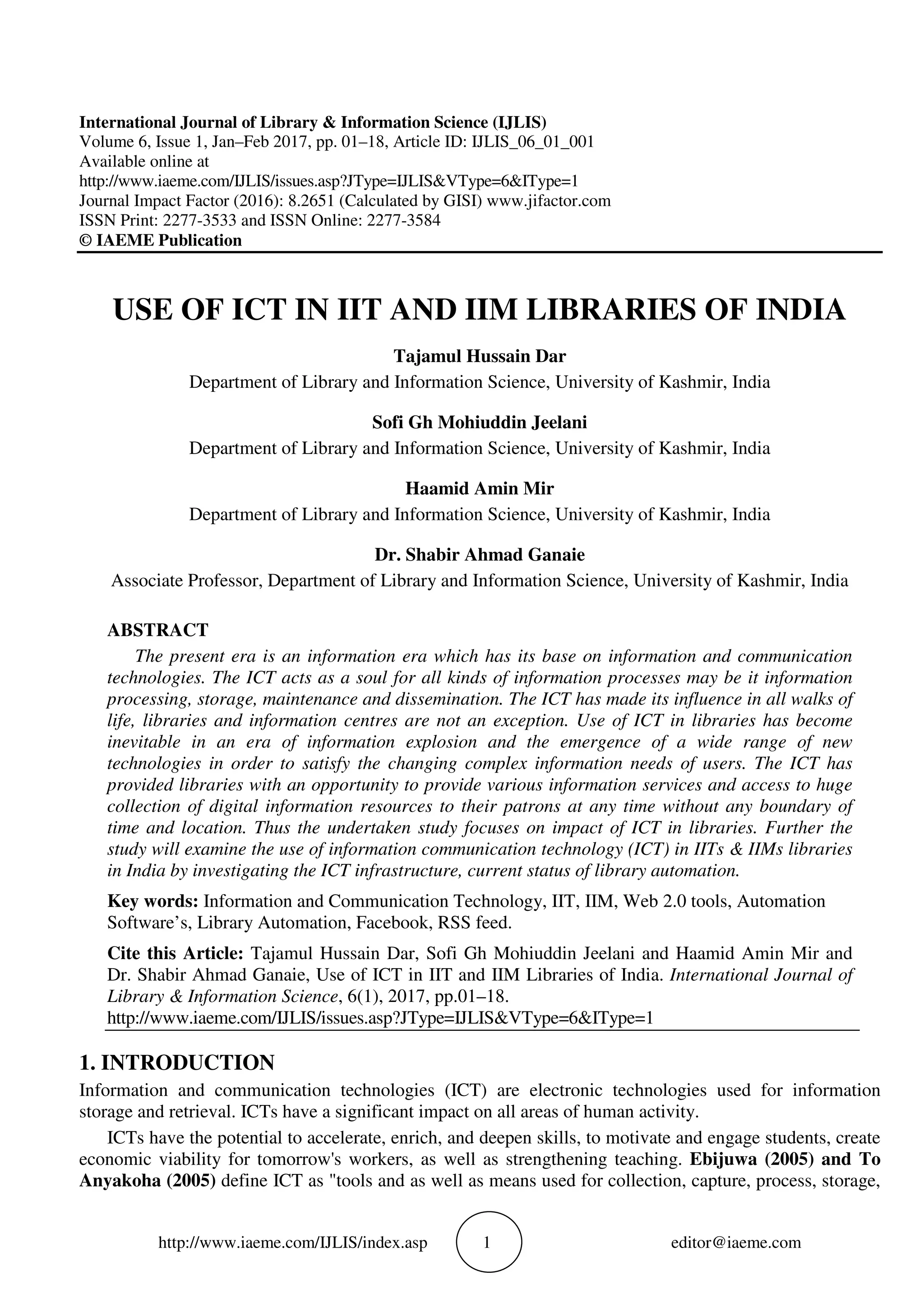 USE OF ICT IN IIT AND IIM LIBRARIES OF INDIA | PDF
