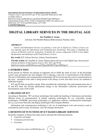 DIGITAL LIBRARY SERVICES IN THE DIGITAL AGE | PDF